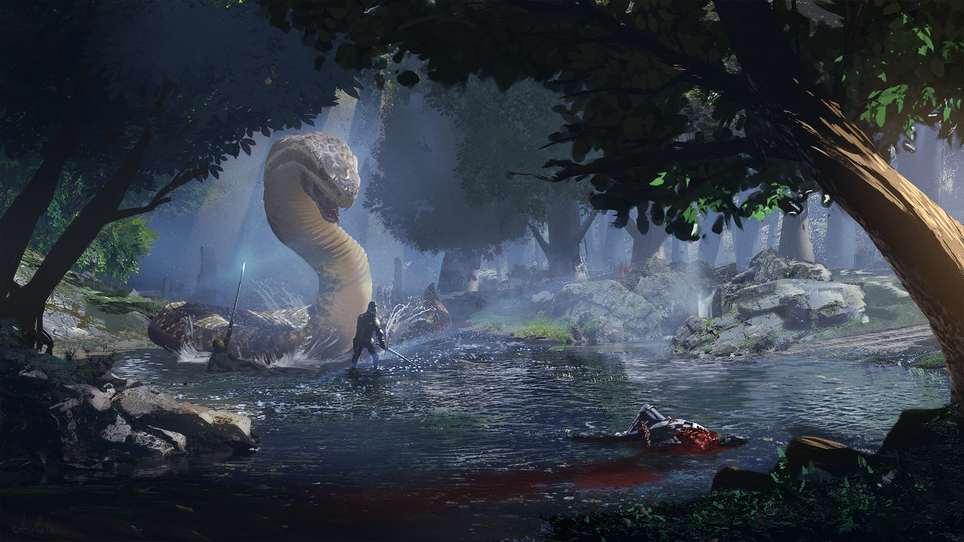 ArtStation - Snake in a river