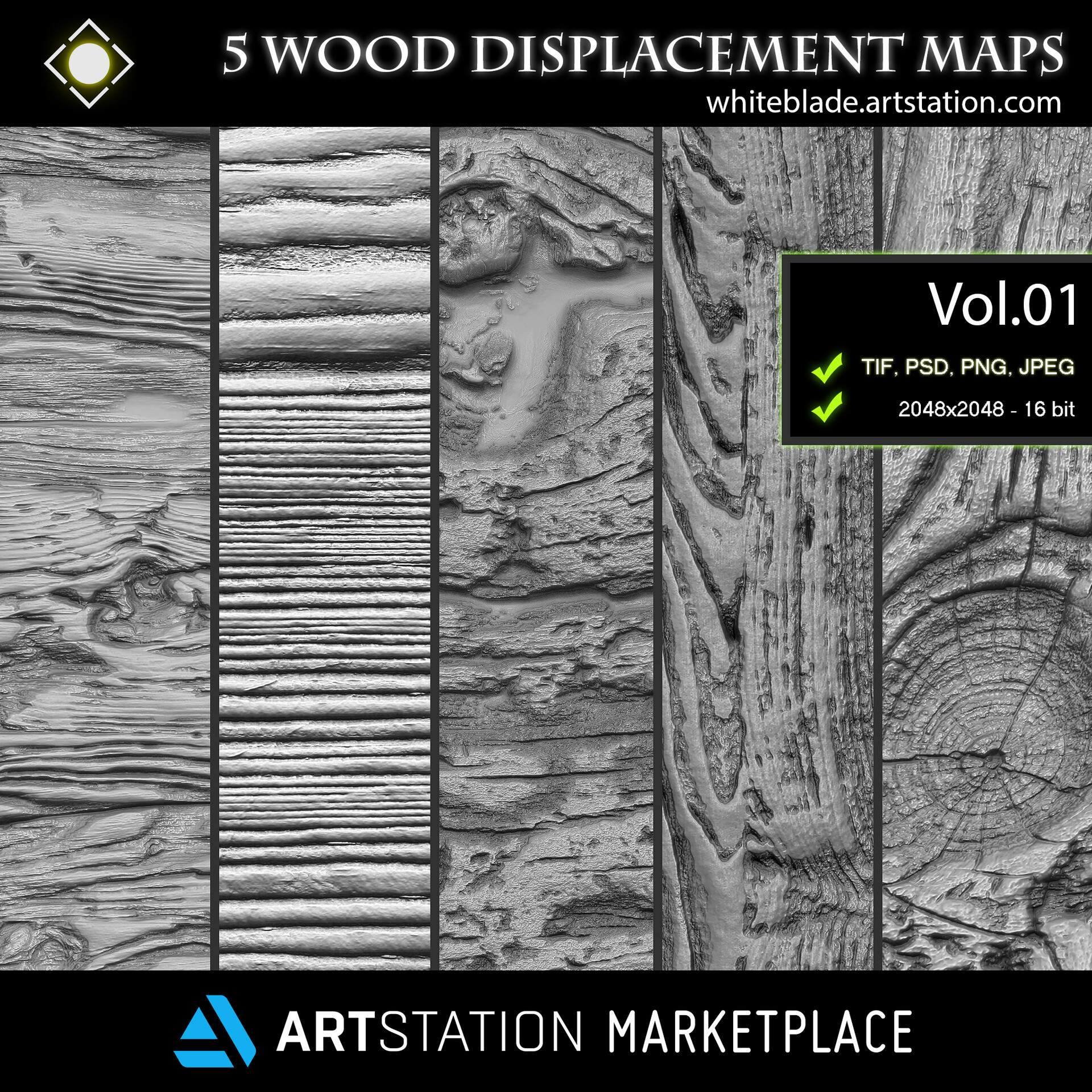 ArtStation - ZBrush/Mudbox/SP - 5 Wood Pattern Displacement Maps ...
