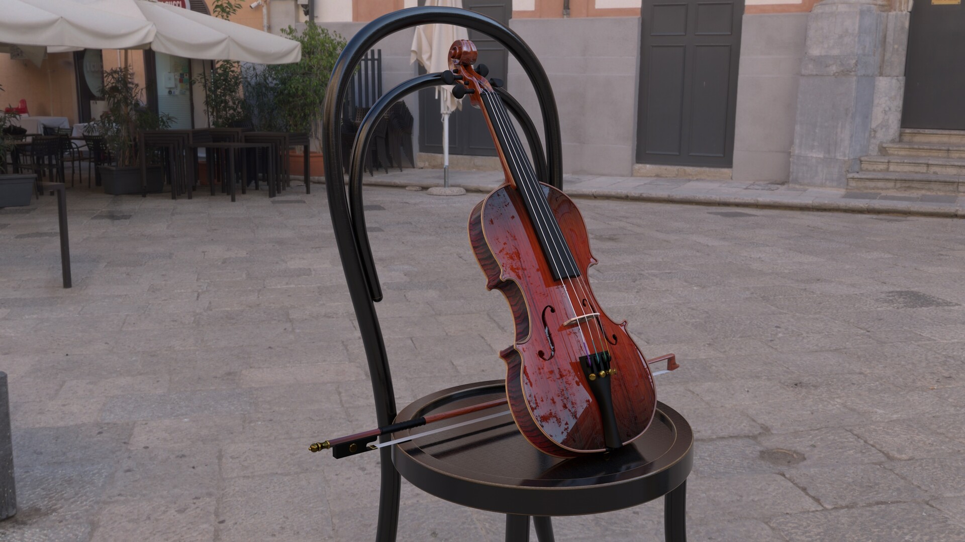 ArtStation - Red Violin & Bow On Vienna Stool