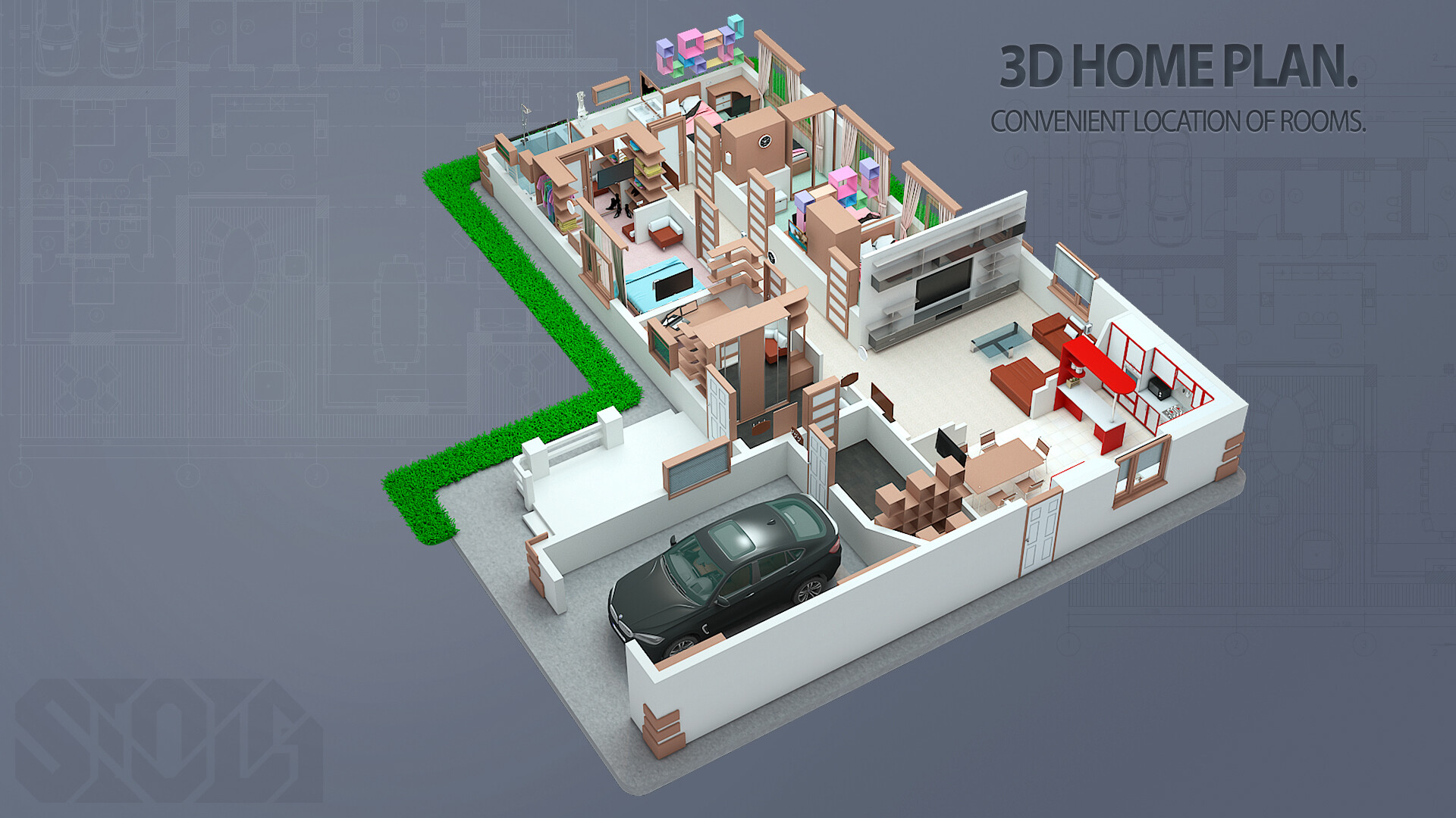 ArtStation - 3D HOME PLAN. Convenient location of rooms.