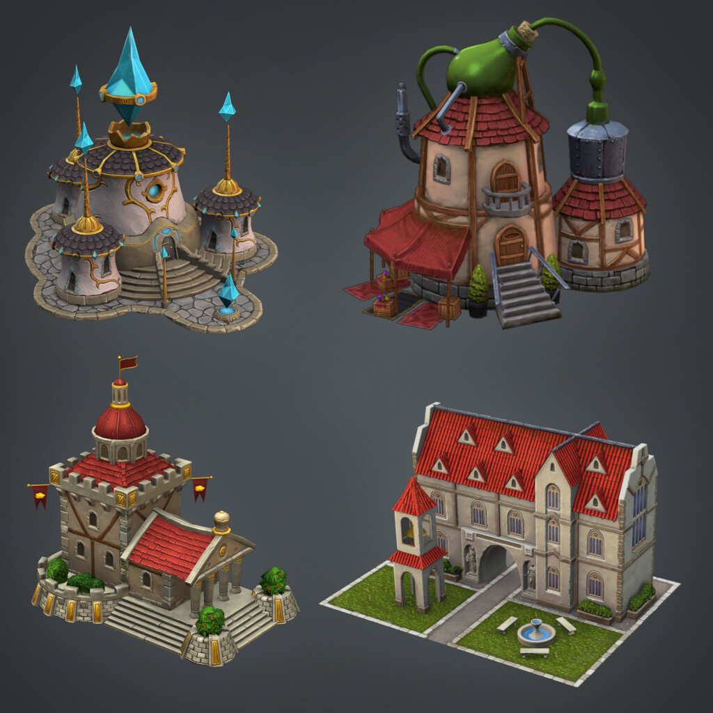 ArtStation - Stylized handpainted lowpoly buildings - city