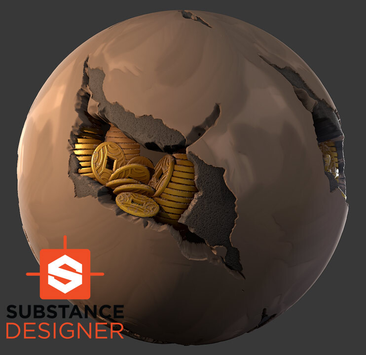 ArtStation - Stylized Broken Wall with Coins - Substance Designer