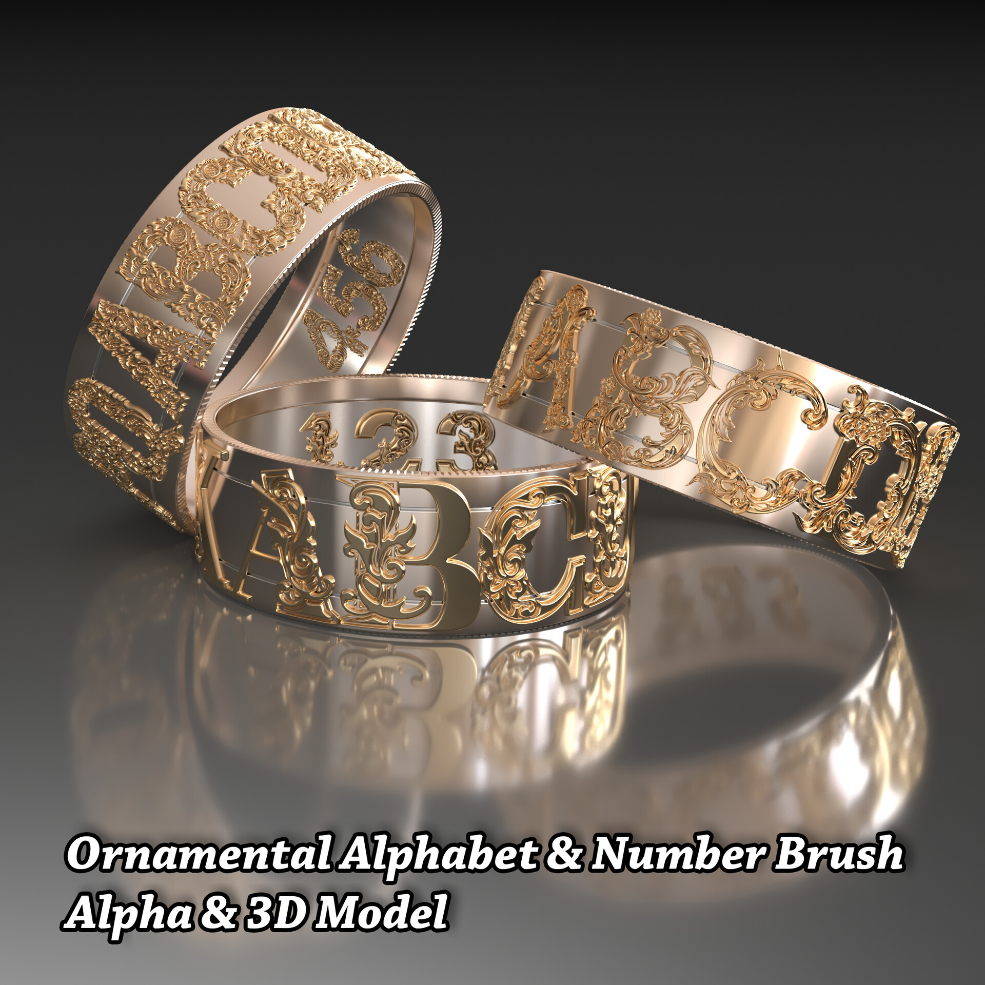 ArtStation - Ornamental Alphabet & Number Brush + Alphas + 3D model vol 5.