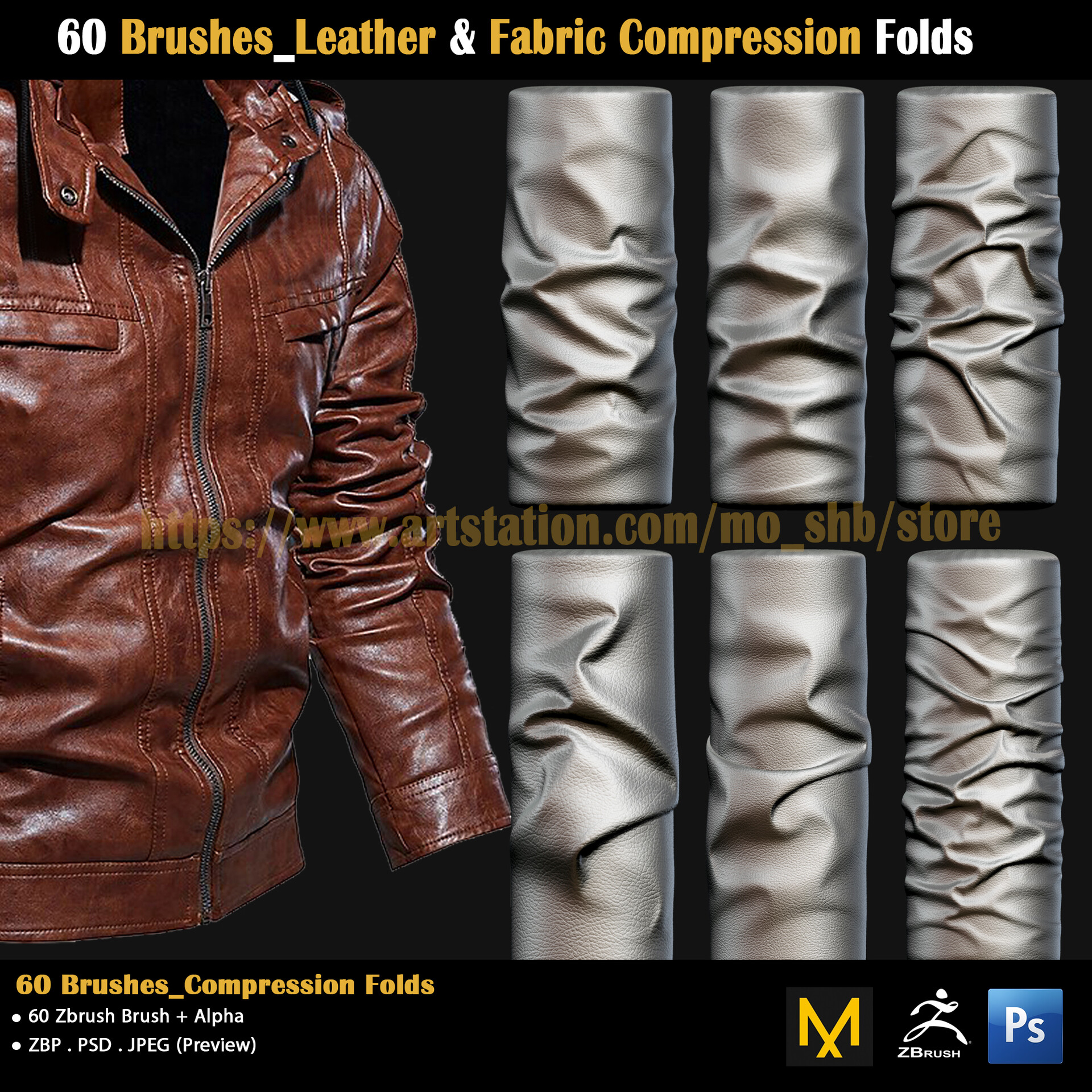 ArtStation - 60 Brushes_Leather & Fabric Compression Folds