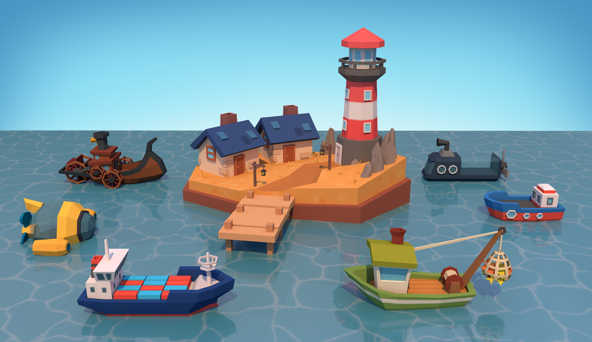 ArtStation - Low poly miniature island and ships