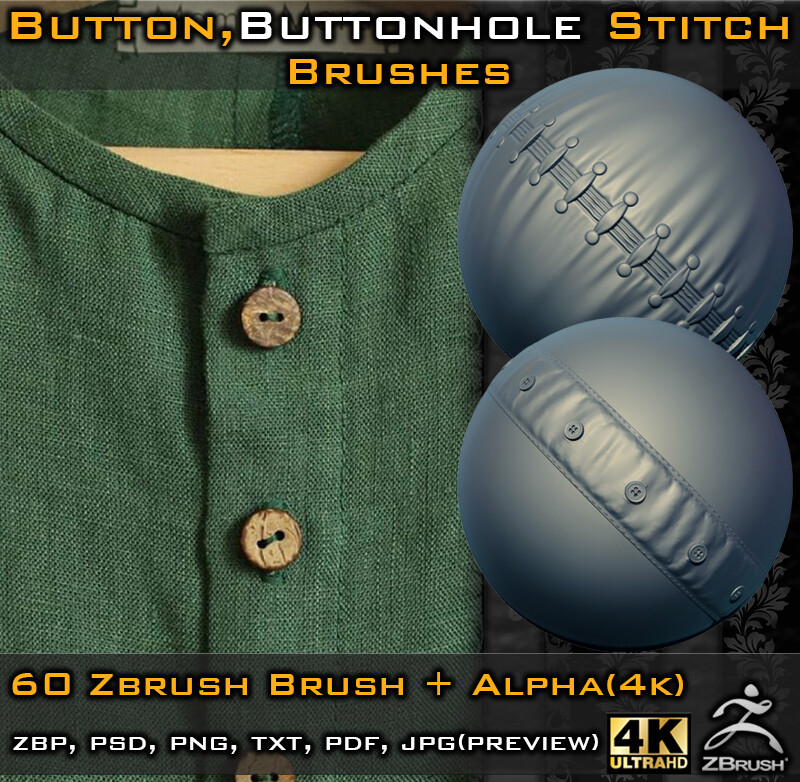 ArtStation - 60 Button and Buttonhole Stitch brushes (4K) +Alpha -Vol 01