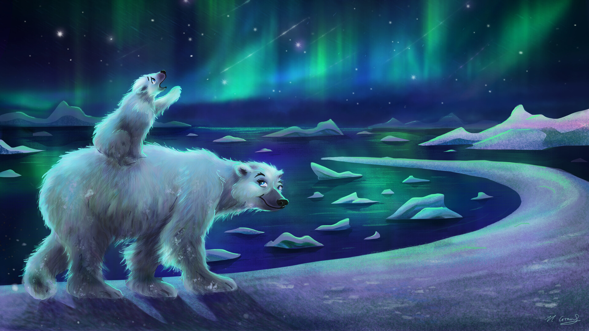 ArtStation - Northern Lights Chasing with Mama Bear