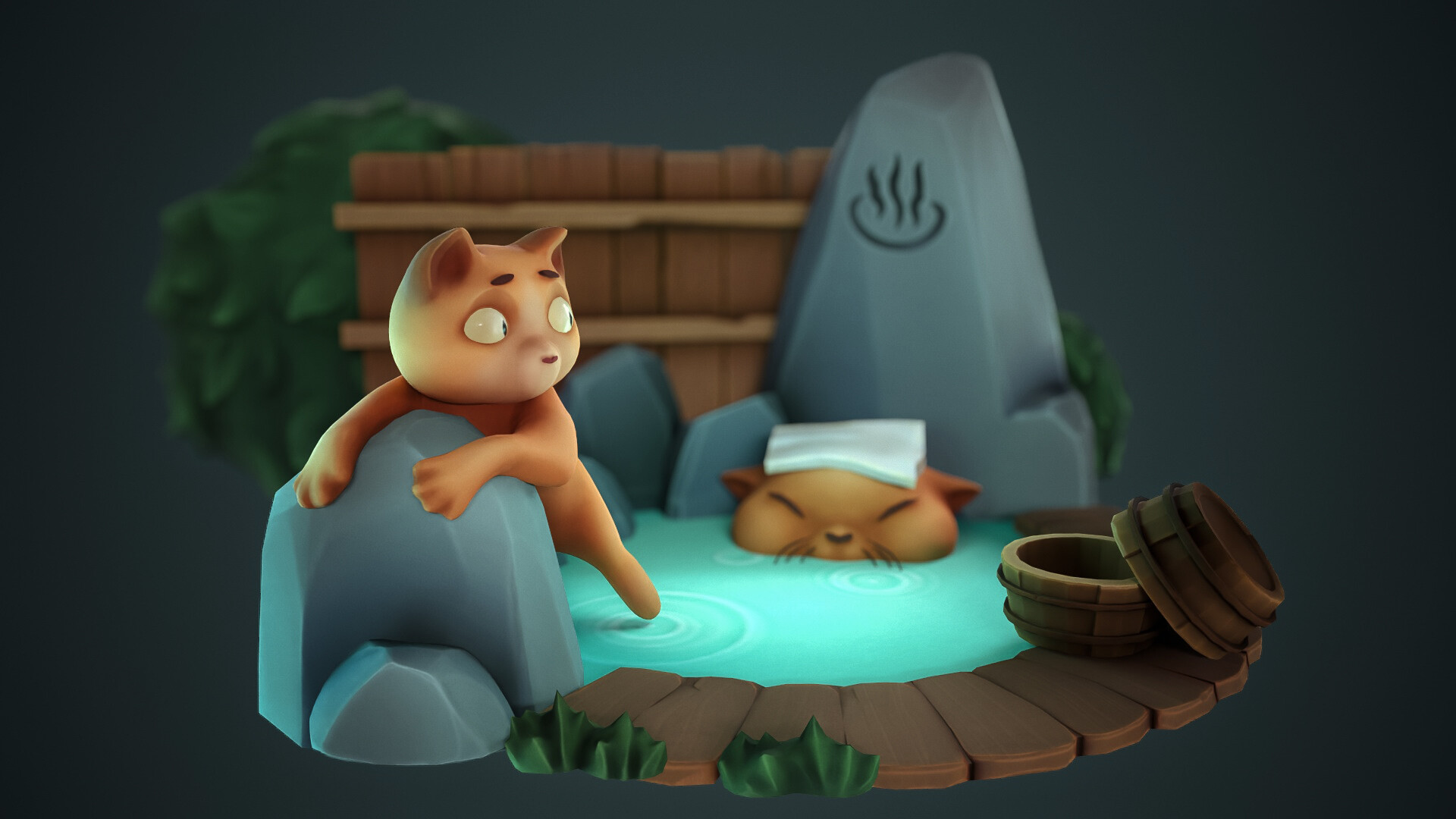 ArtStation - Neko no onsen (Cat's hot spring SPA)