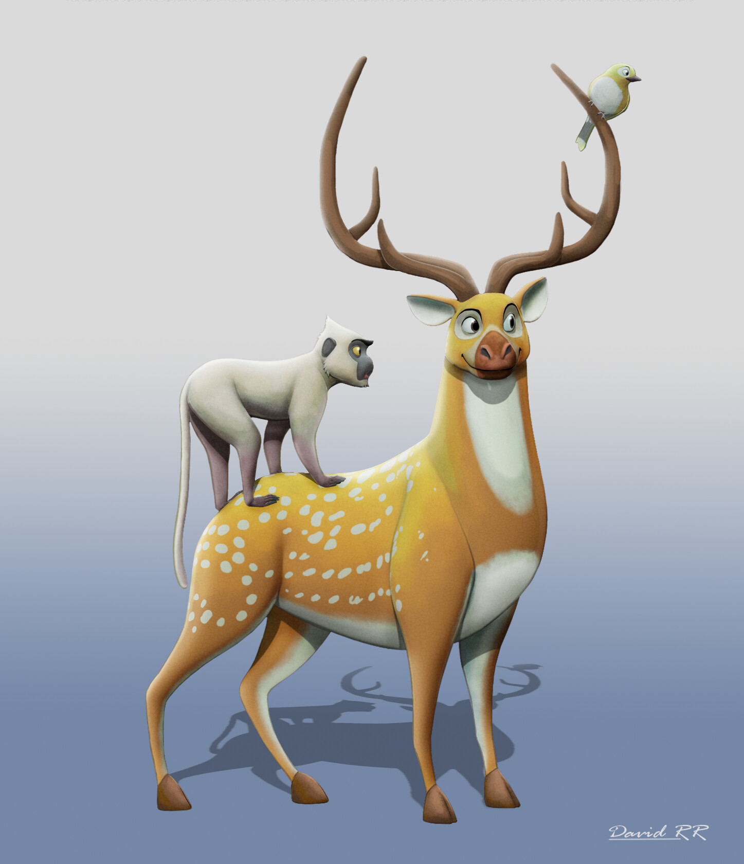 ArtStation - Deer, monkey and bird