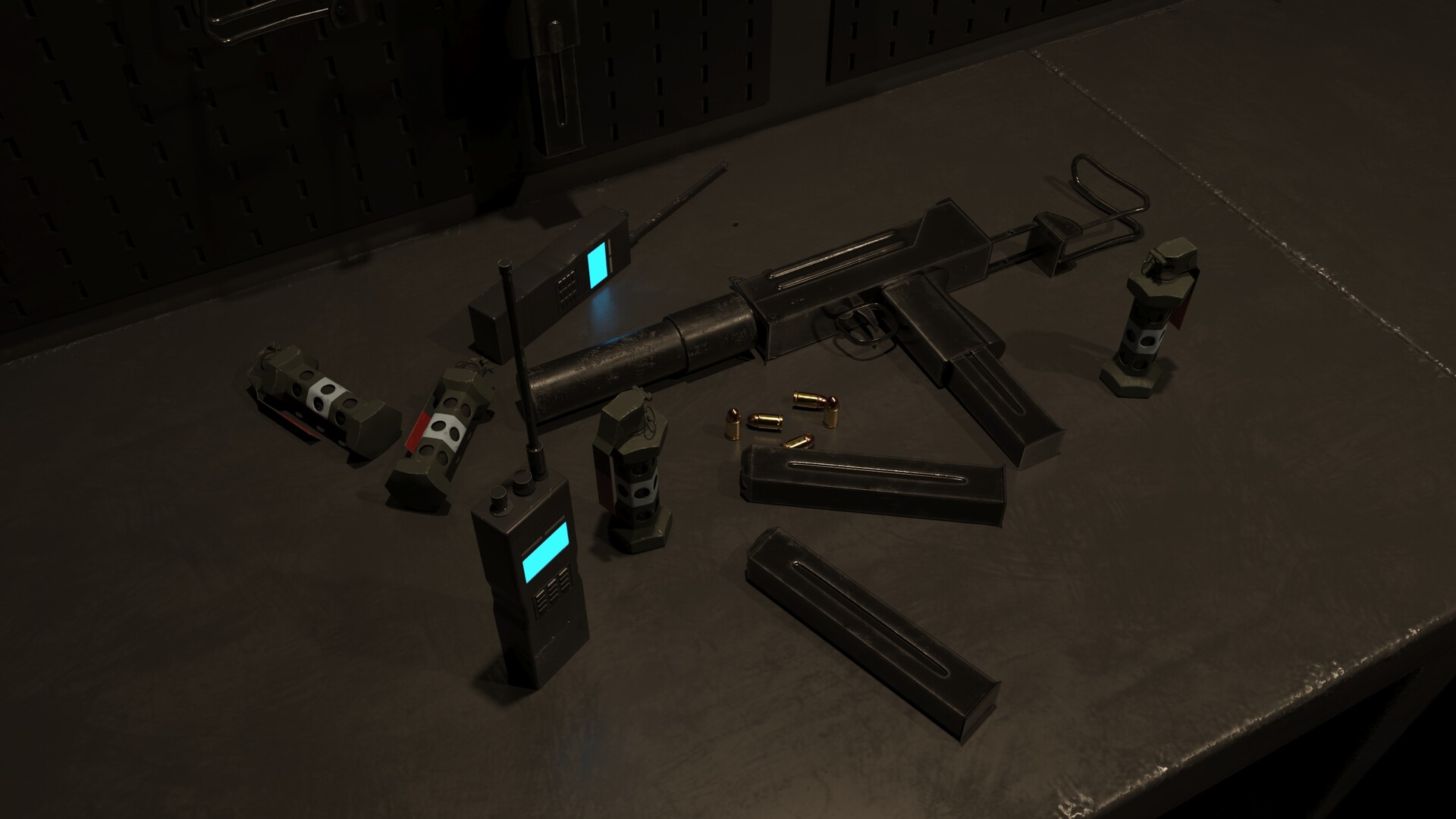 ArtStation - Weapons Table - Mac-10, Bullets, Flashbang assets etc.