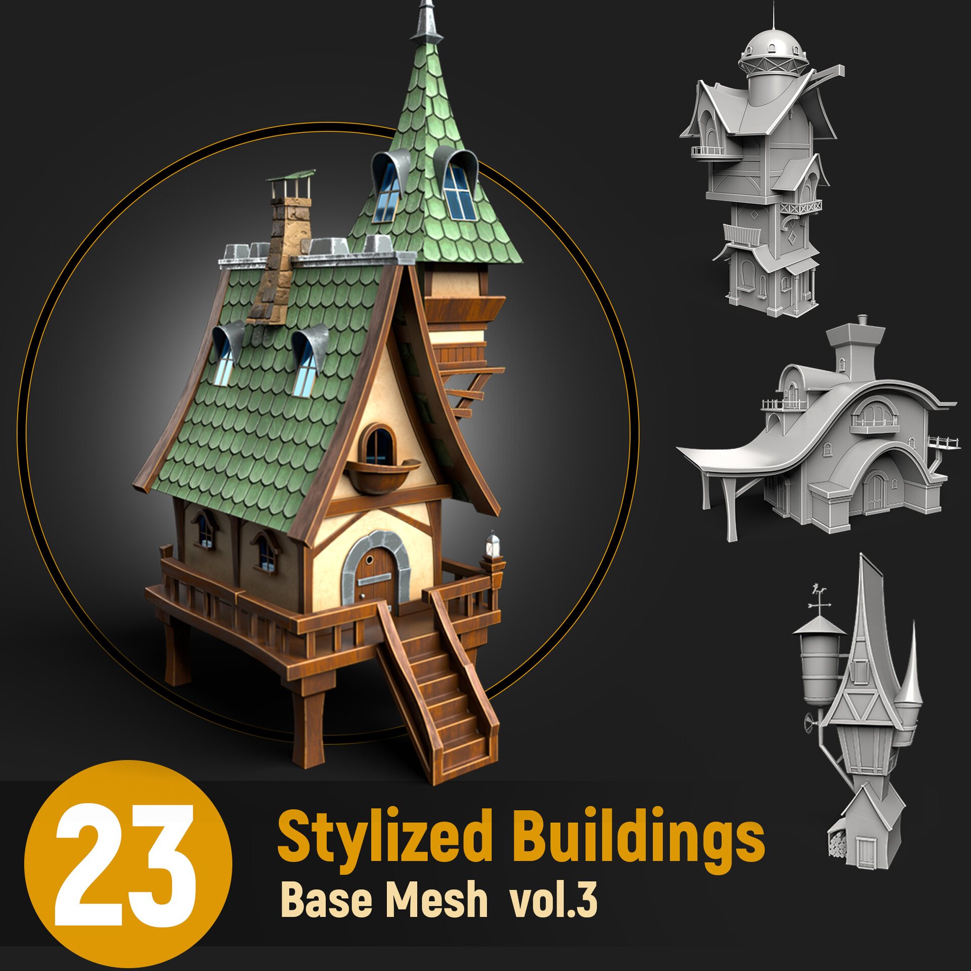 ArtStation - 23 Stylized Buildings Base mesh Vol.3