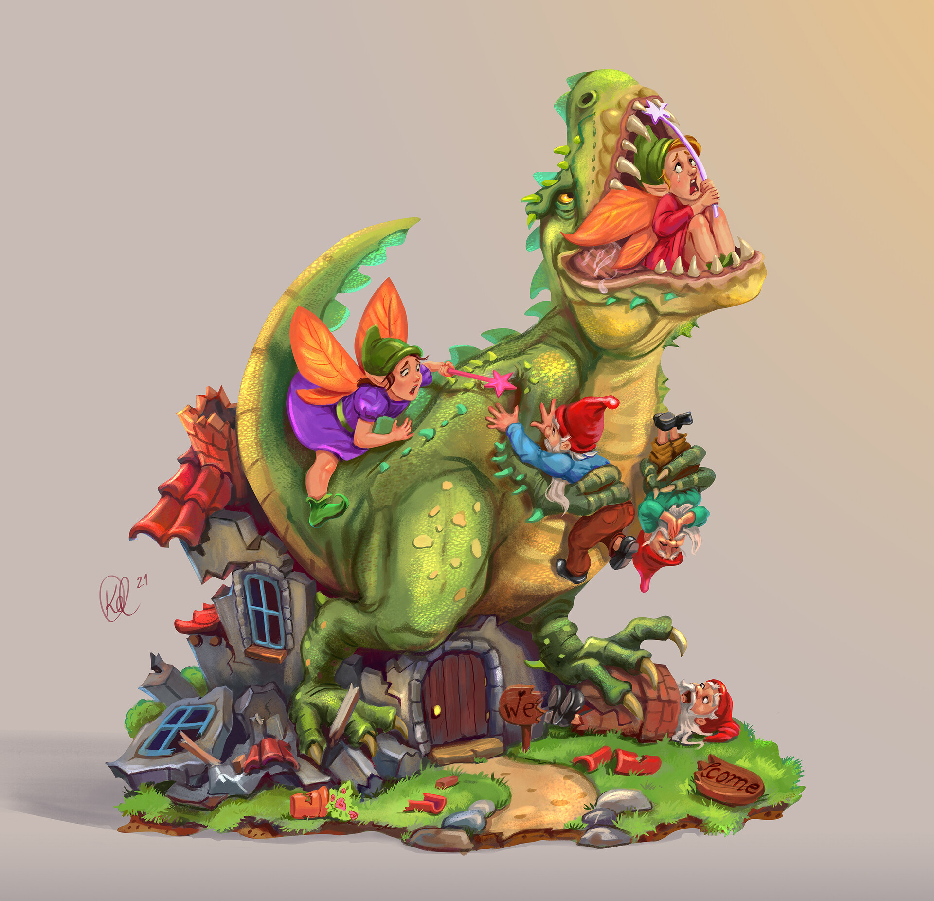 ArtStation - 2D illustration "Dinosaur VS gnomes"