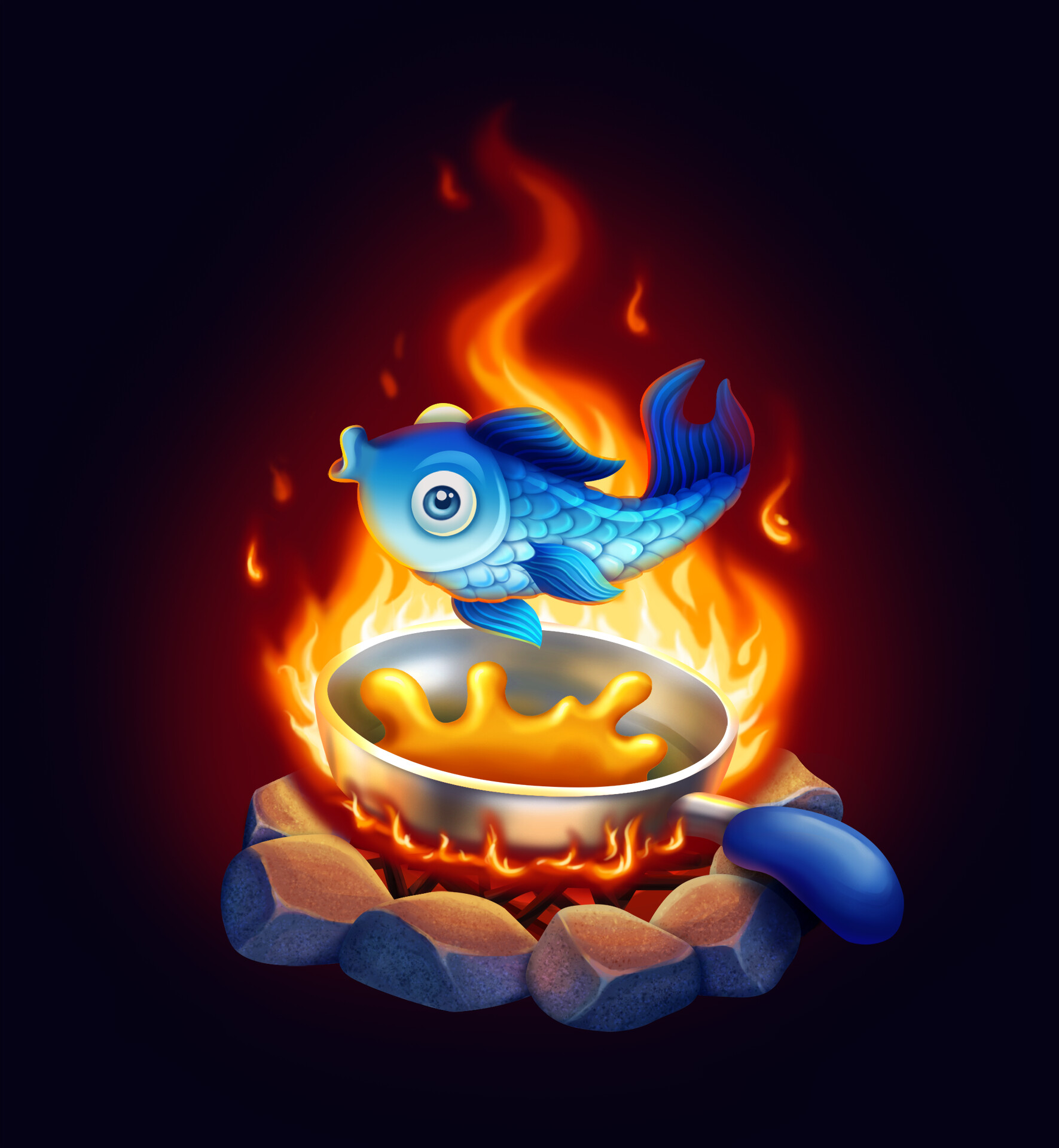 ArtStation - Funny fish over a frying pan on fire. Casual illustration