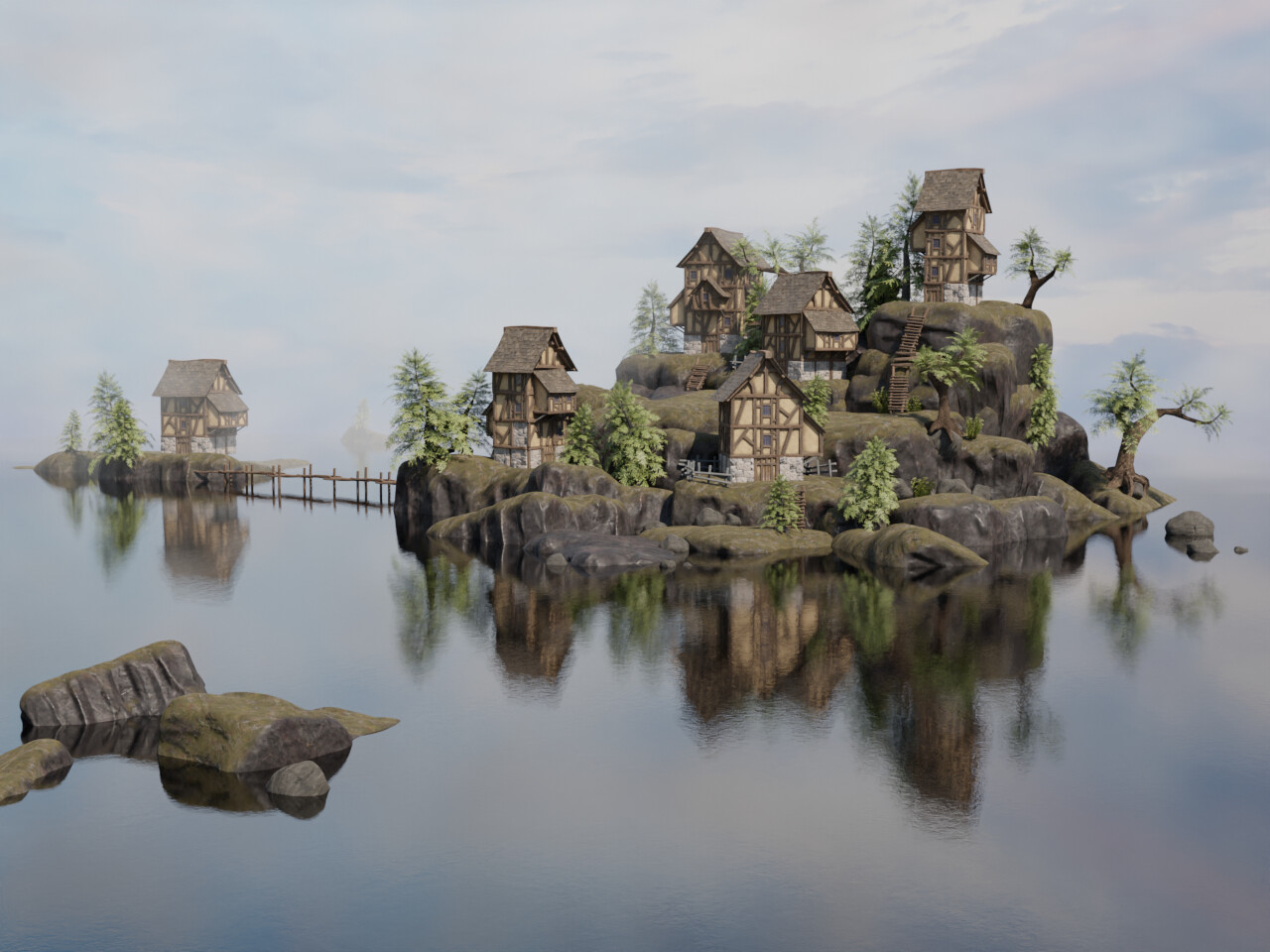 ArtStation - The medieval village on the lake (day & night view)