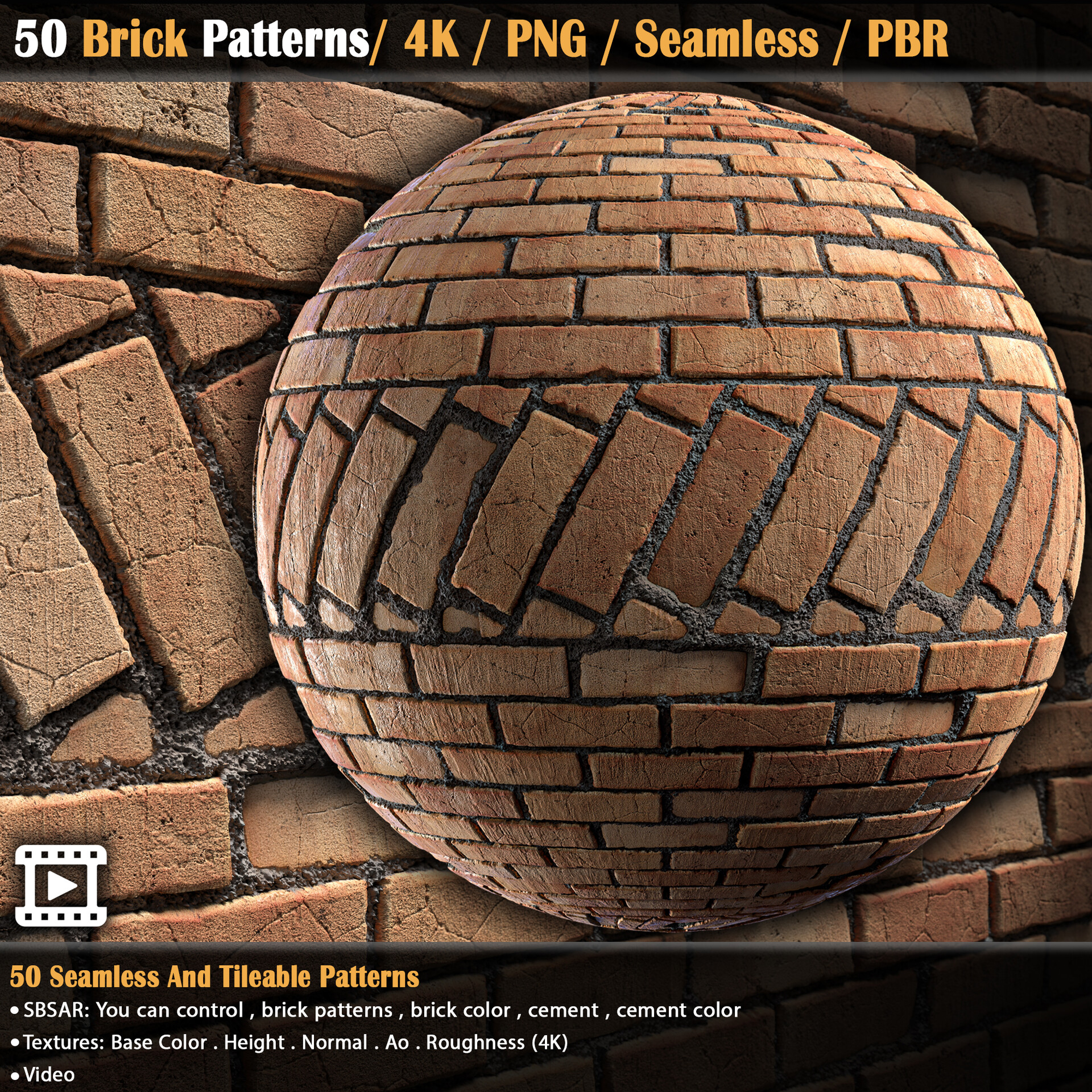 ArtStation - 50 Brick Patterns/ 4K / PNG / Seamless / PBR
