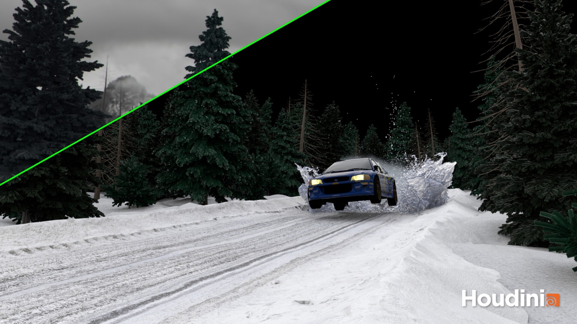 ArtStation - Flip and Snow simulation | Rally car | Houdini + Nuke