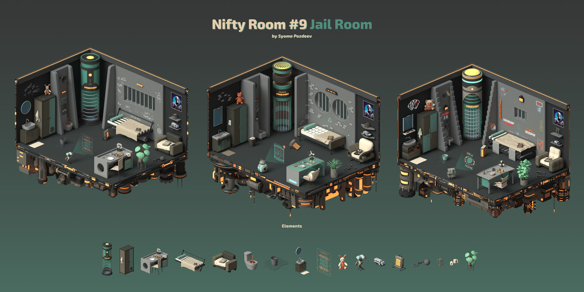 ArtStation - Retro Futuristic Isometric Rooms Series: Room #9 Jail Room