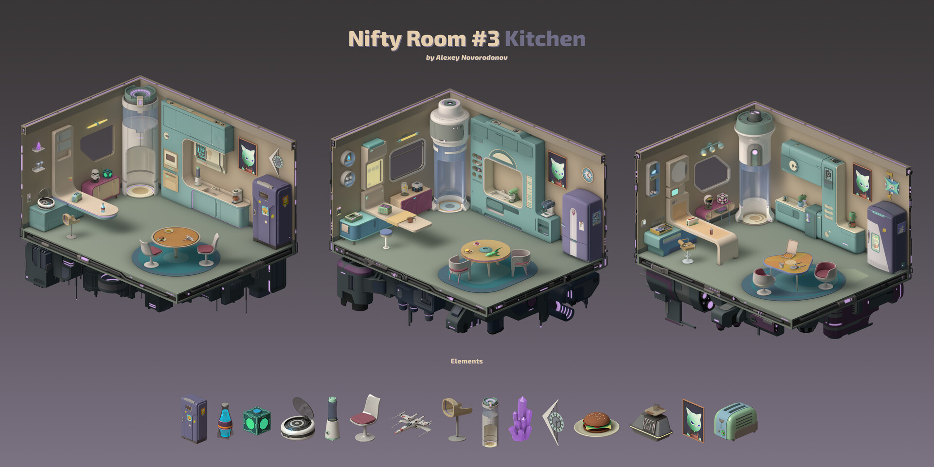 ArtStation - Retro Futuristic Isometric Rooms Series: Room #3 Kitchen