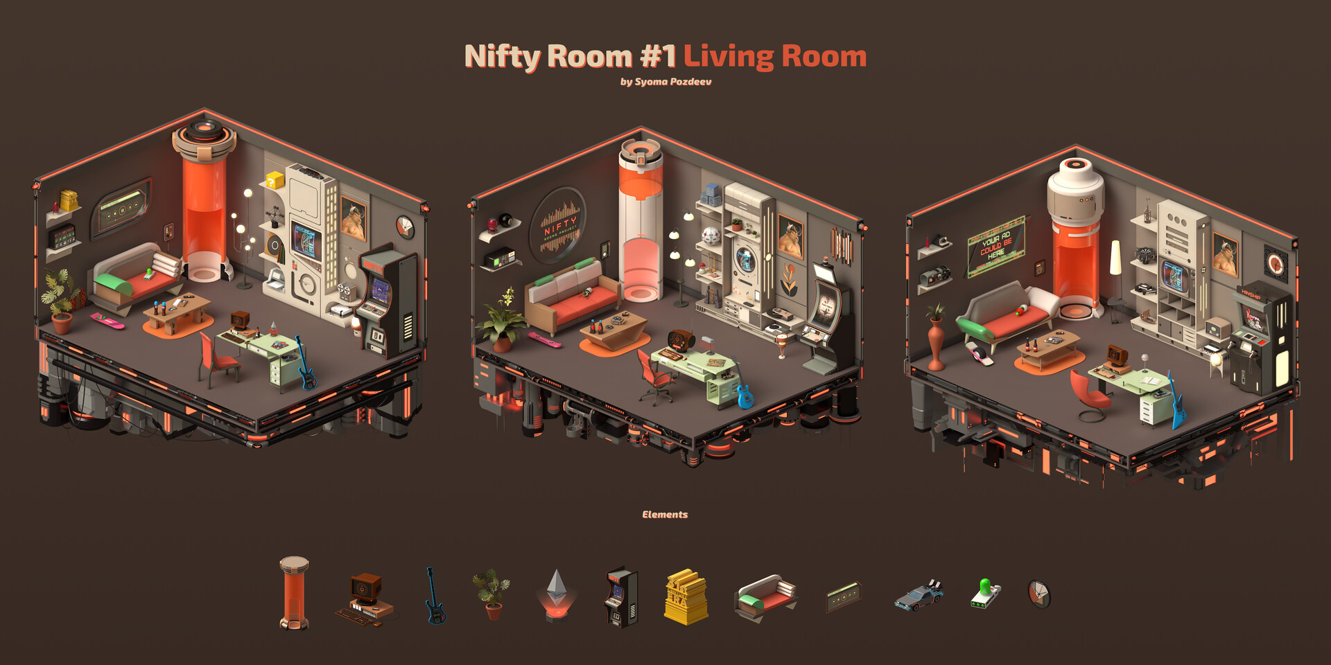 ArtStation - Retro Futuristic Isometric Rooms Series: Room #1 Living Room