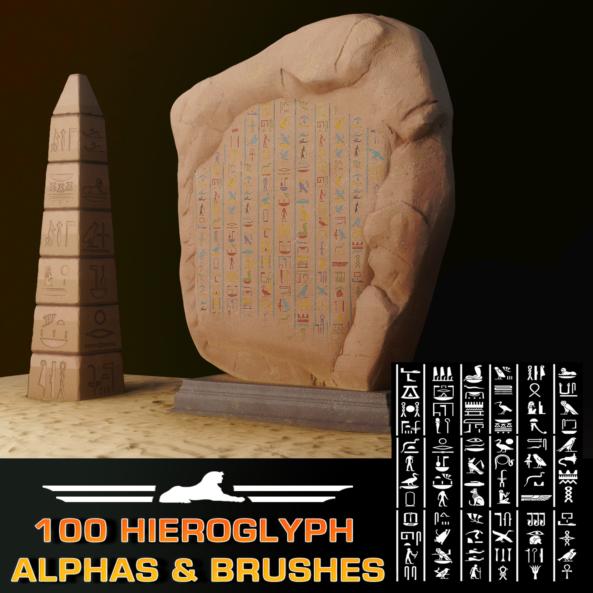 ArtStation - Egyptian hieroglyph massive 100 alpha and brush pack