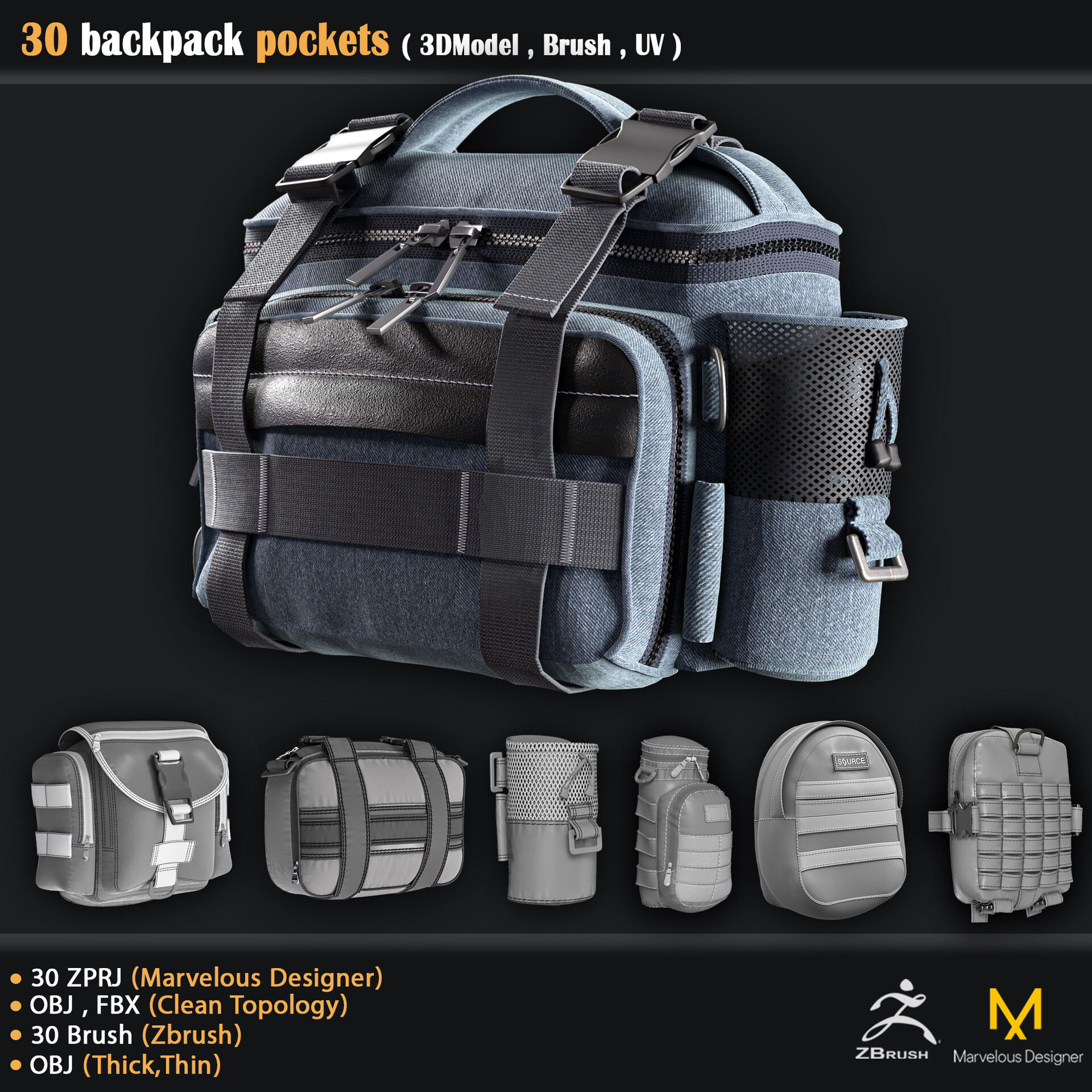 ArtStation - 30 backpack pockets ( 3DModel , Brush , UV )