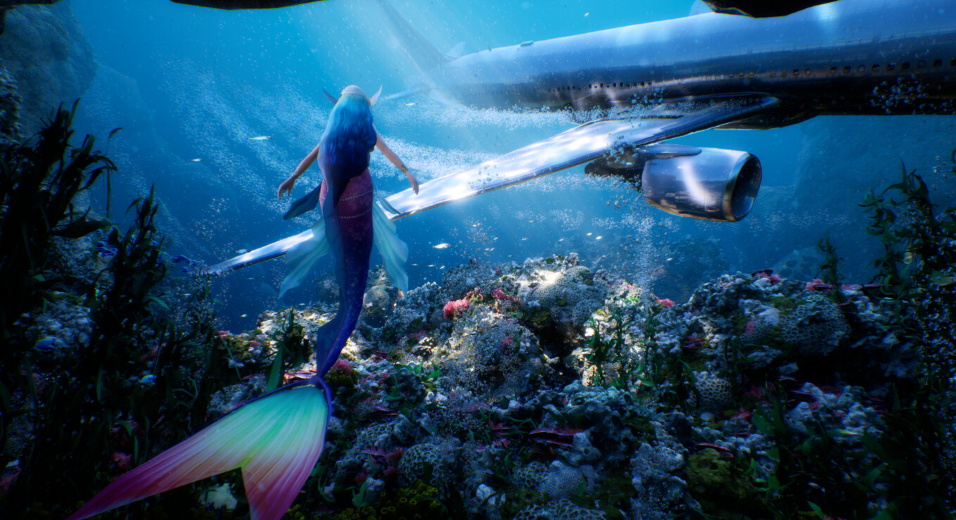 ArtStation - The mermaid saw the plane falling into the sea