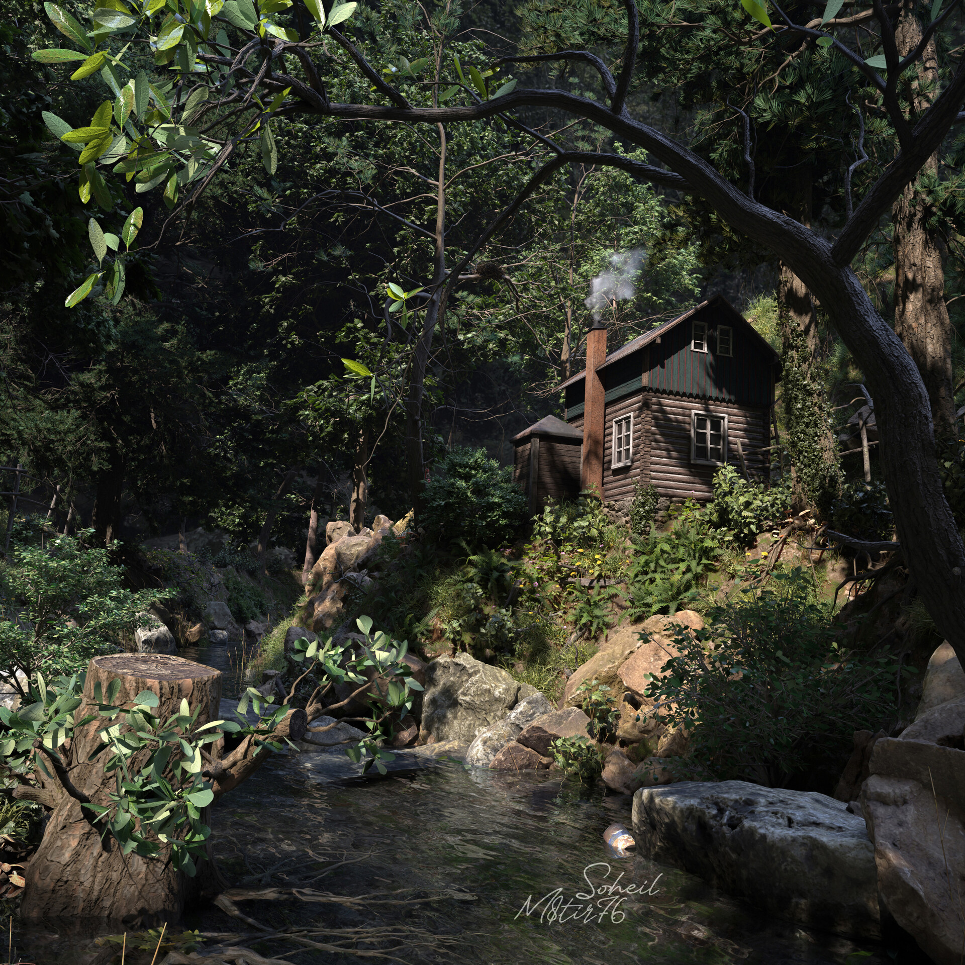 ArtStation - Jungle Retreat: A Secluded Cabin by the River🌲