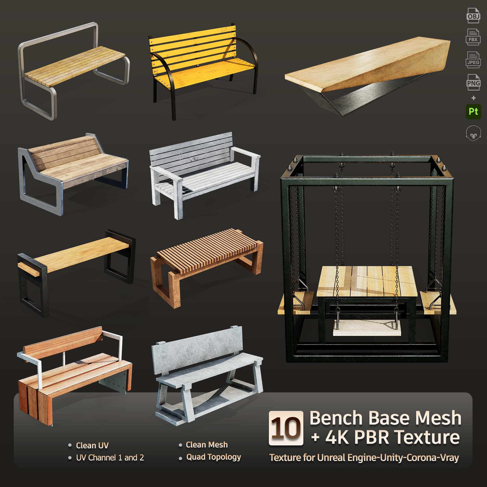 ArtStation - 10 Bench Base Mesh + 4K PBR Texture-High Quality
