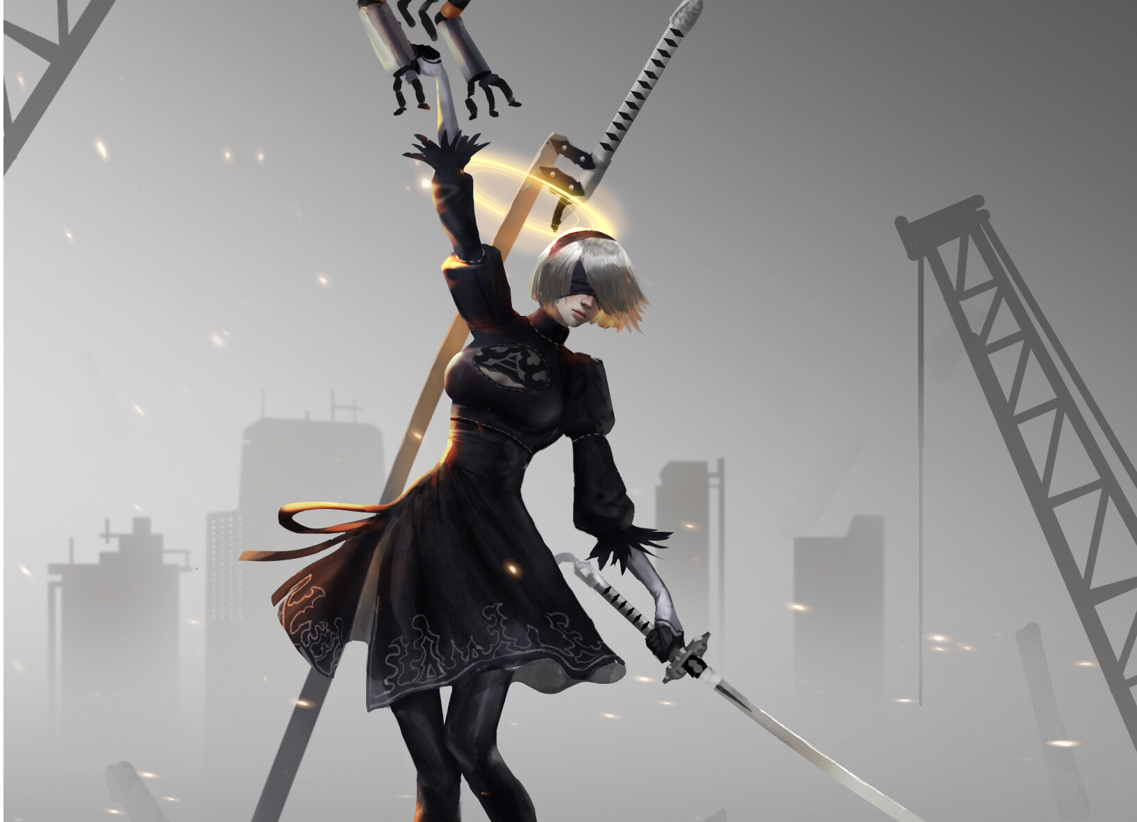 ArtStation - 2B flying above the scrap land