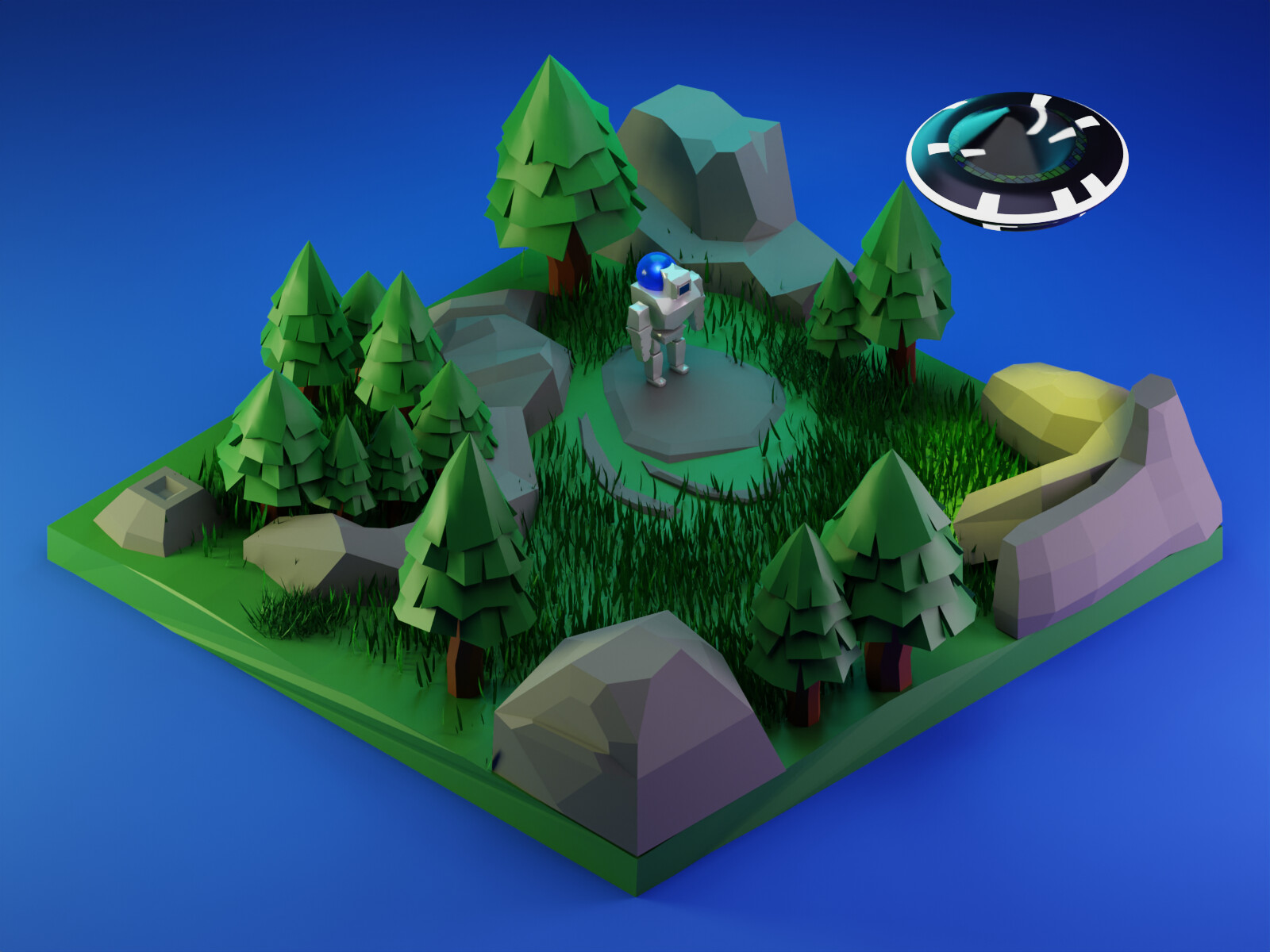 ArtStation - Artwork of and island with robot and spaceship visit.