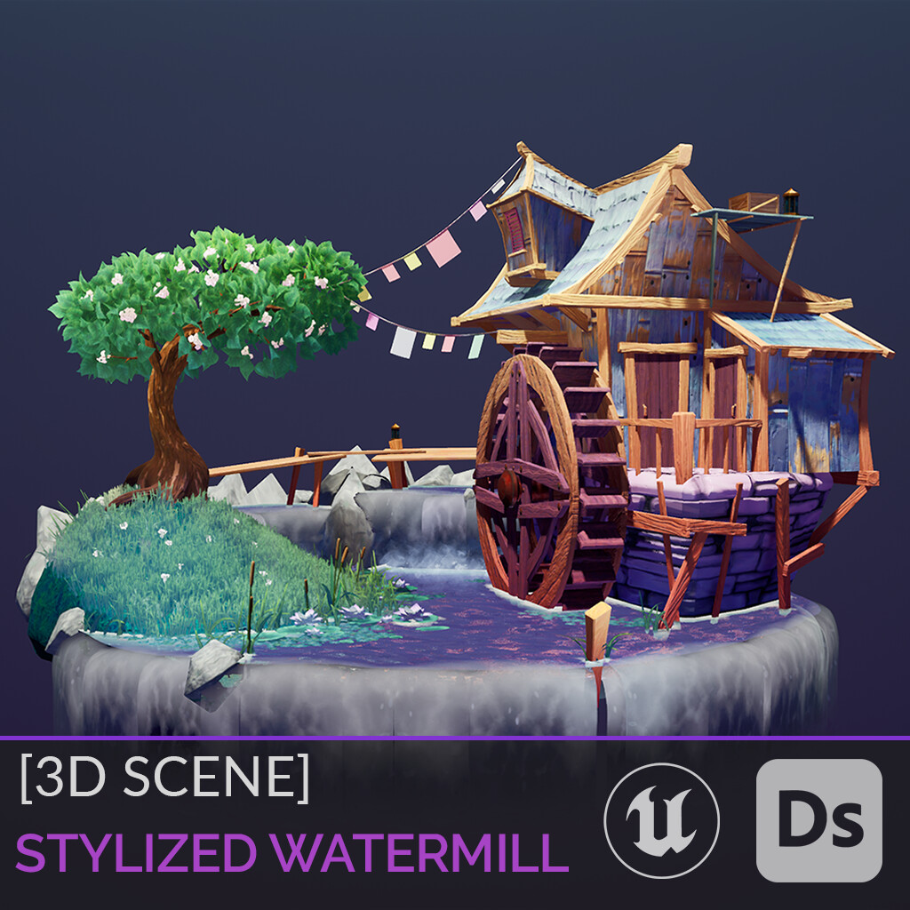 ArtStation - Stylized Summer/Winter Water Mill Diorama
