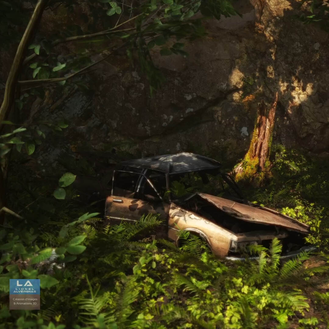 ArtStation - Wrecked Car inside a Forest with some light through the ...