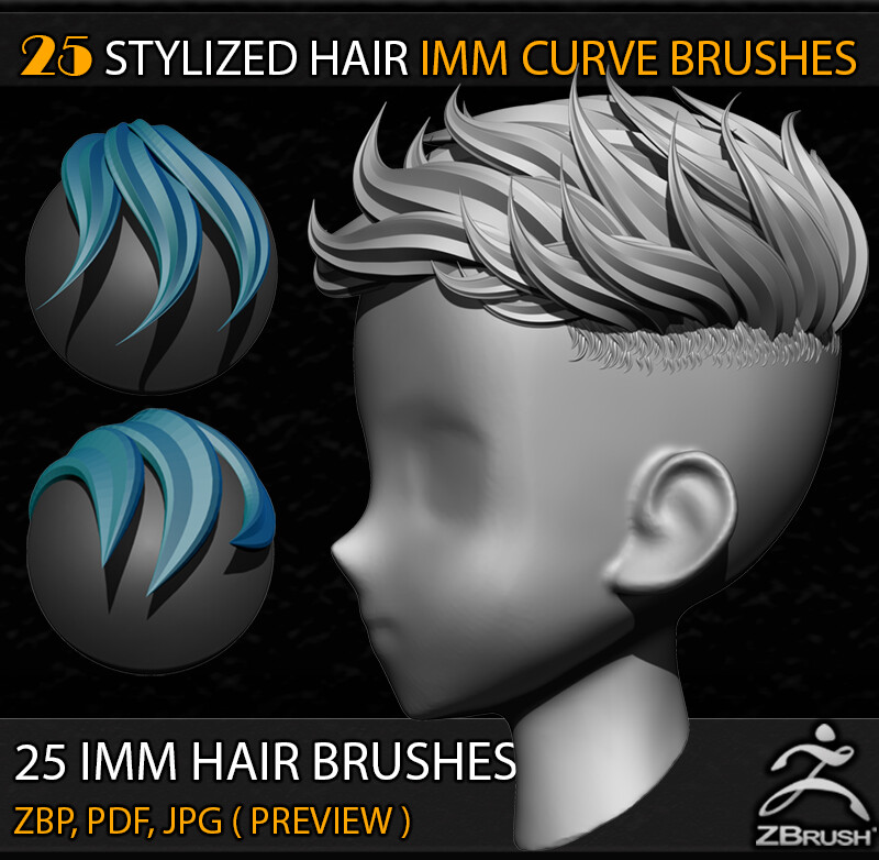 ArtStation - 25 Stylized Hair IMM Curve Brushes ( Vol- 04 )