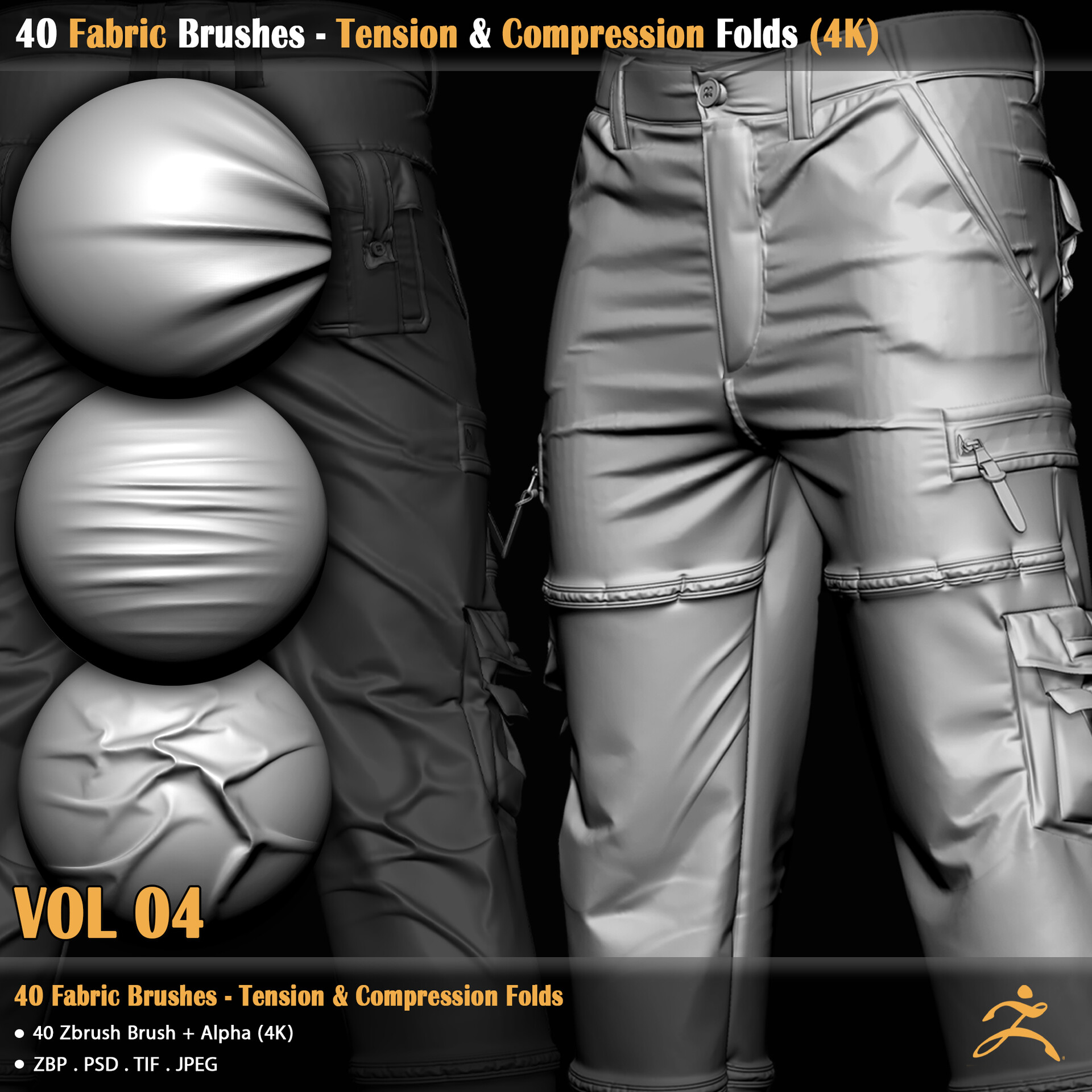 ArtStation - 40 Fabric Brushes - Tension & Compression Folds - 4K (VOL 04)