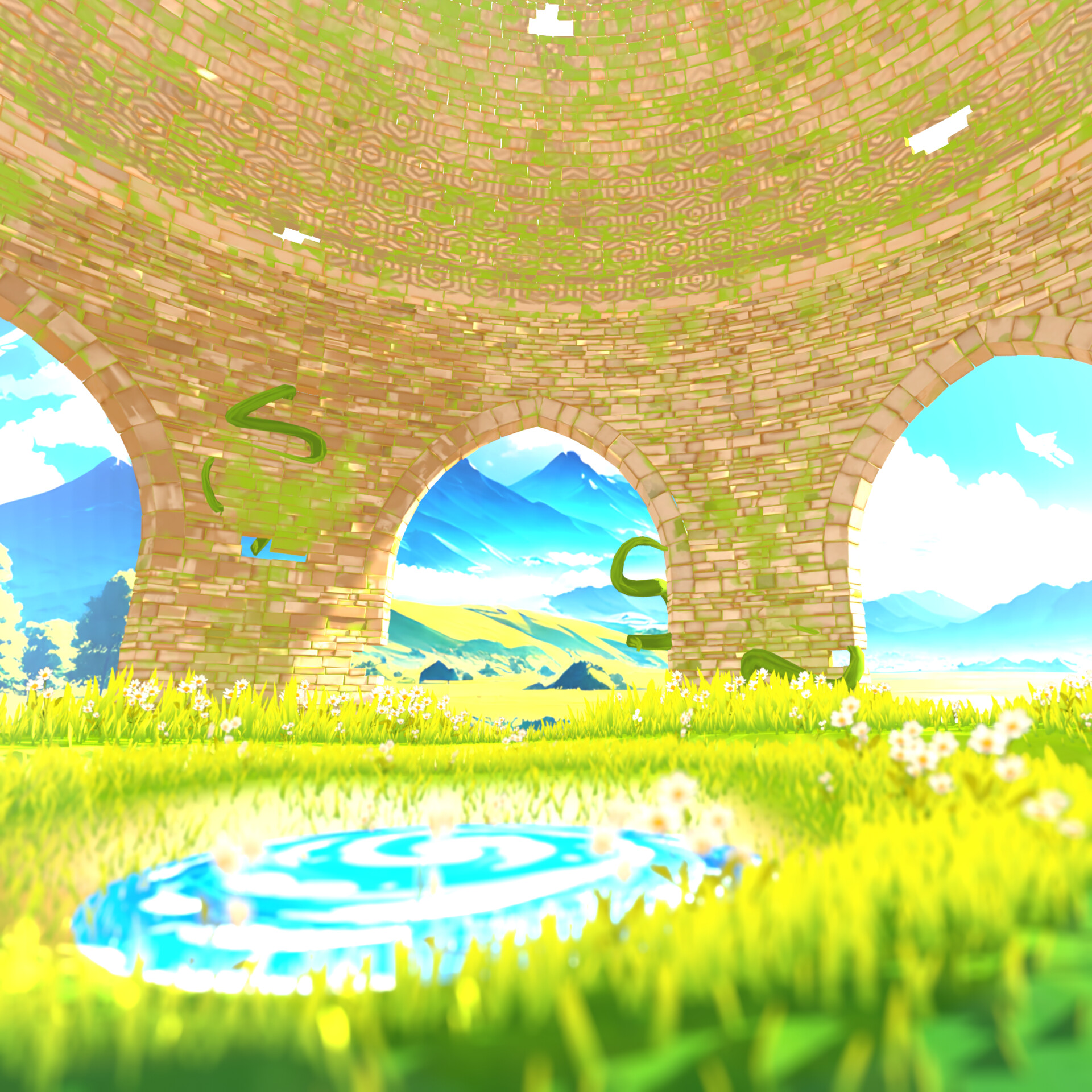 ArtStation - Stylized Game Environment - A Pond in the Ruins