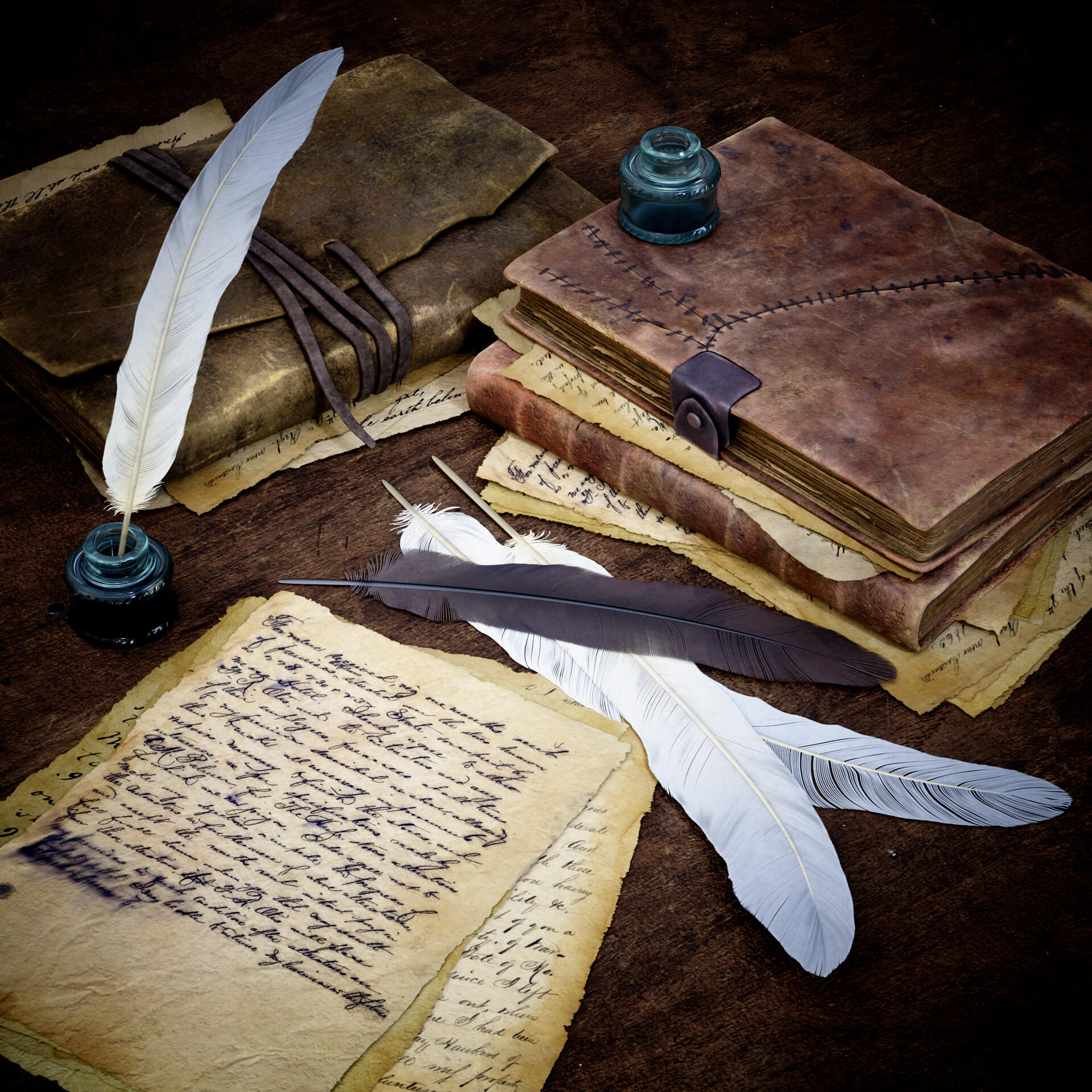 ArtStation - Quill pen, paper, books