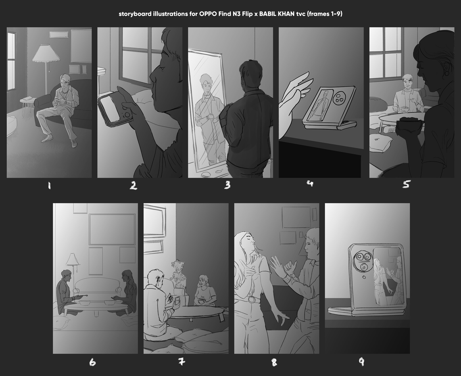 ArtStation - storyboard illustrations for OPPO Find N3 Flip x BABIL KHAN tvc (frames 1-9)...