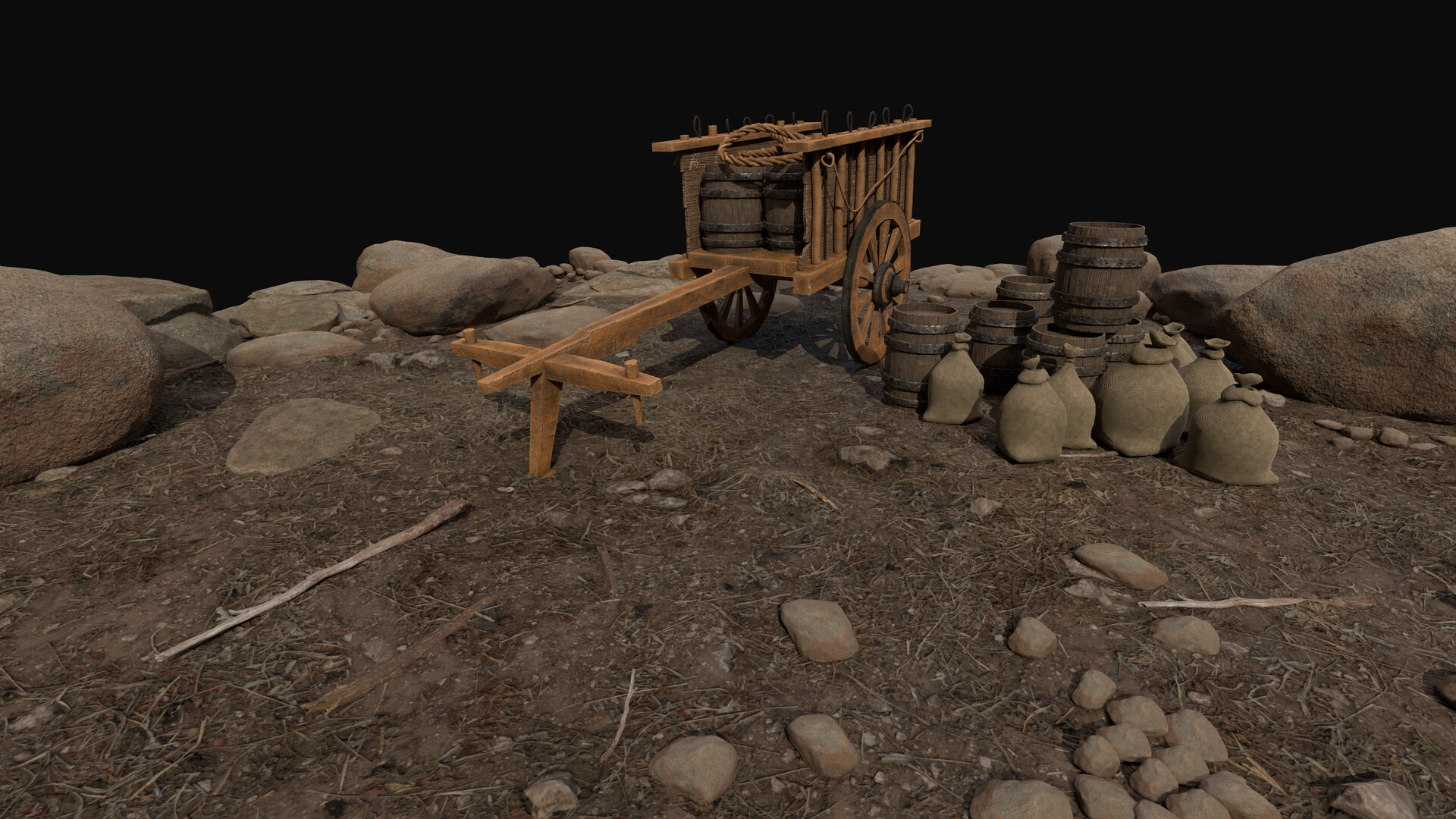 ArtStation - Ox Cart And Barrels Scene
