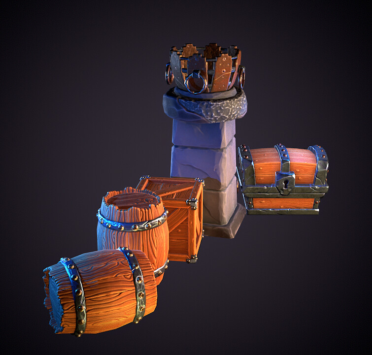 ArtStation - Stylized Box, Barrel, Brazier, Chest