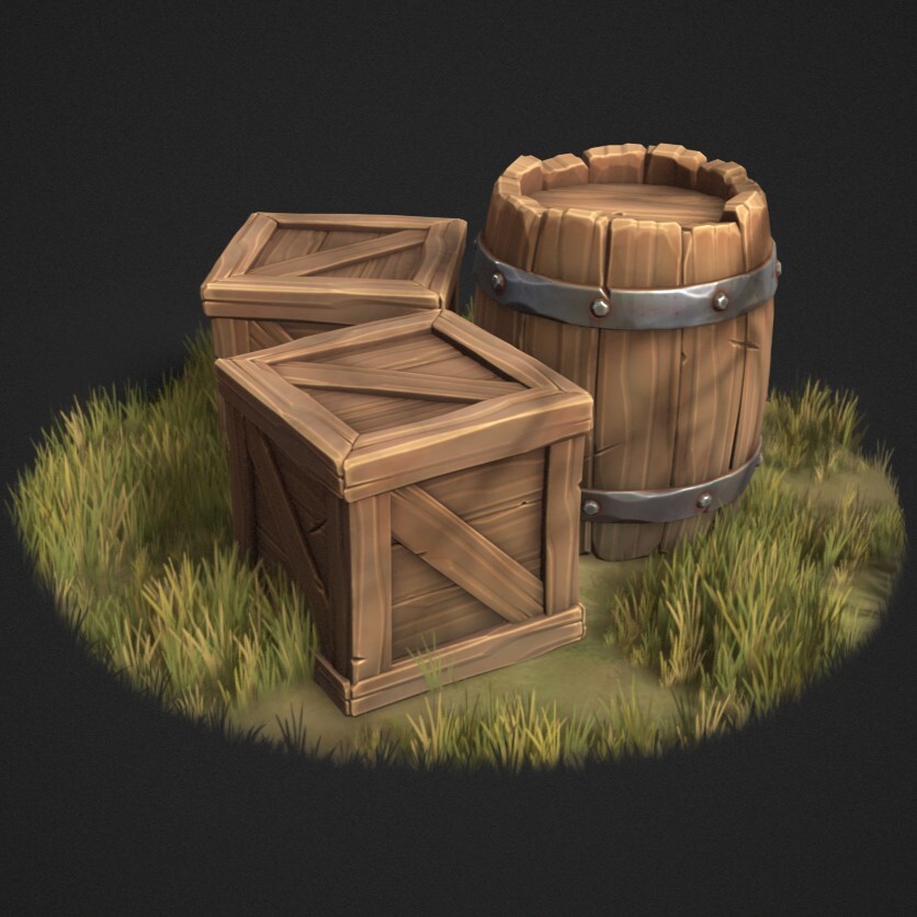 ArtStation - Stylized Wooden Crate and Barrel