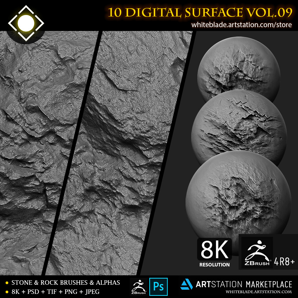 ArtStation - 10 Digital Surface Stone, Rock & Cliff Brushes & Alphas ...