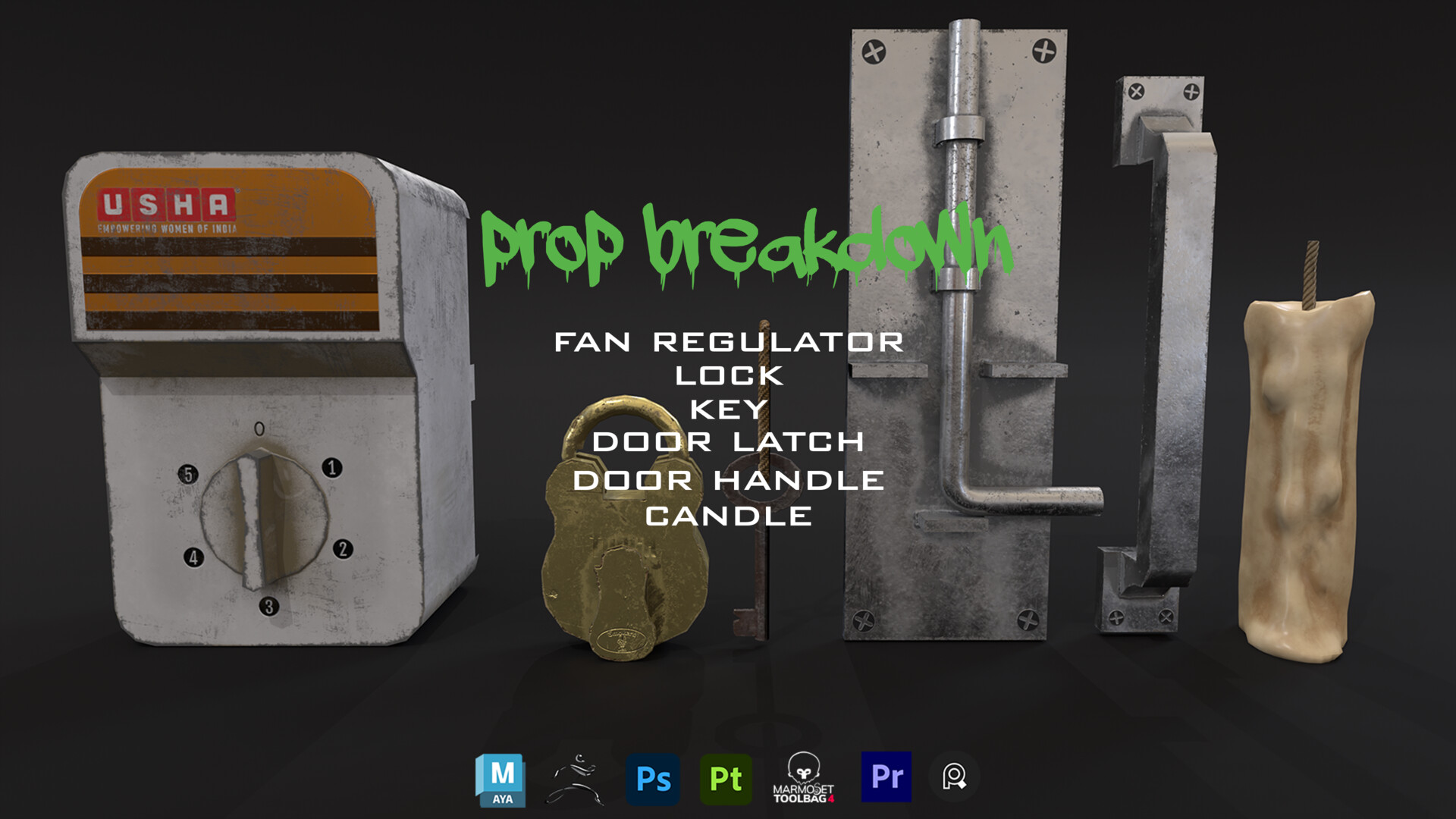 ArtStation - Church prop bundle #7 (FAN REGULATOR | LOCK | KEY | DOOR LATCH | DOOR HANDLE | CANDLE)