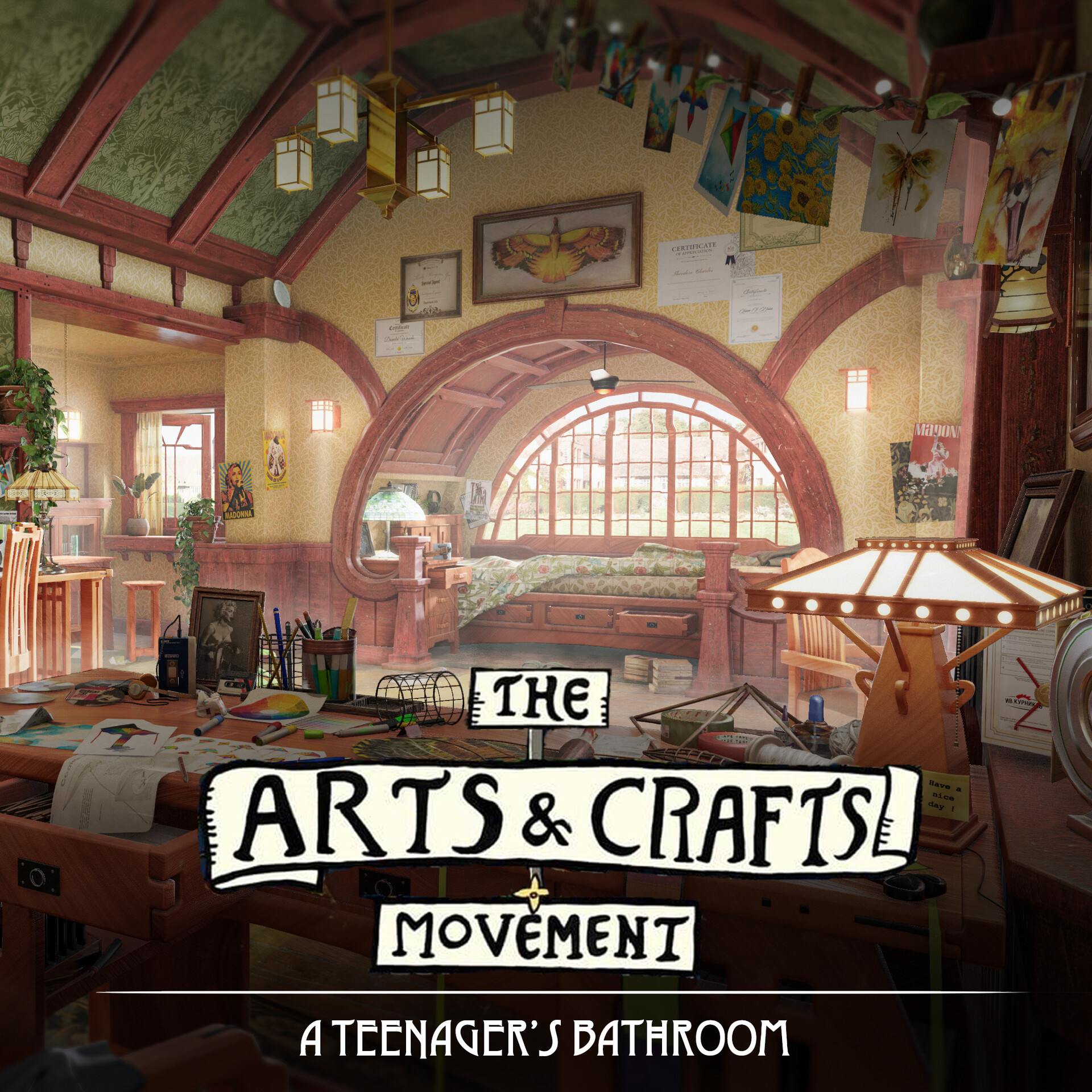 ArtStation - High-School Student’s Bedroom-ARTS AND CRAFTS STYLE DESIGN