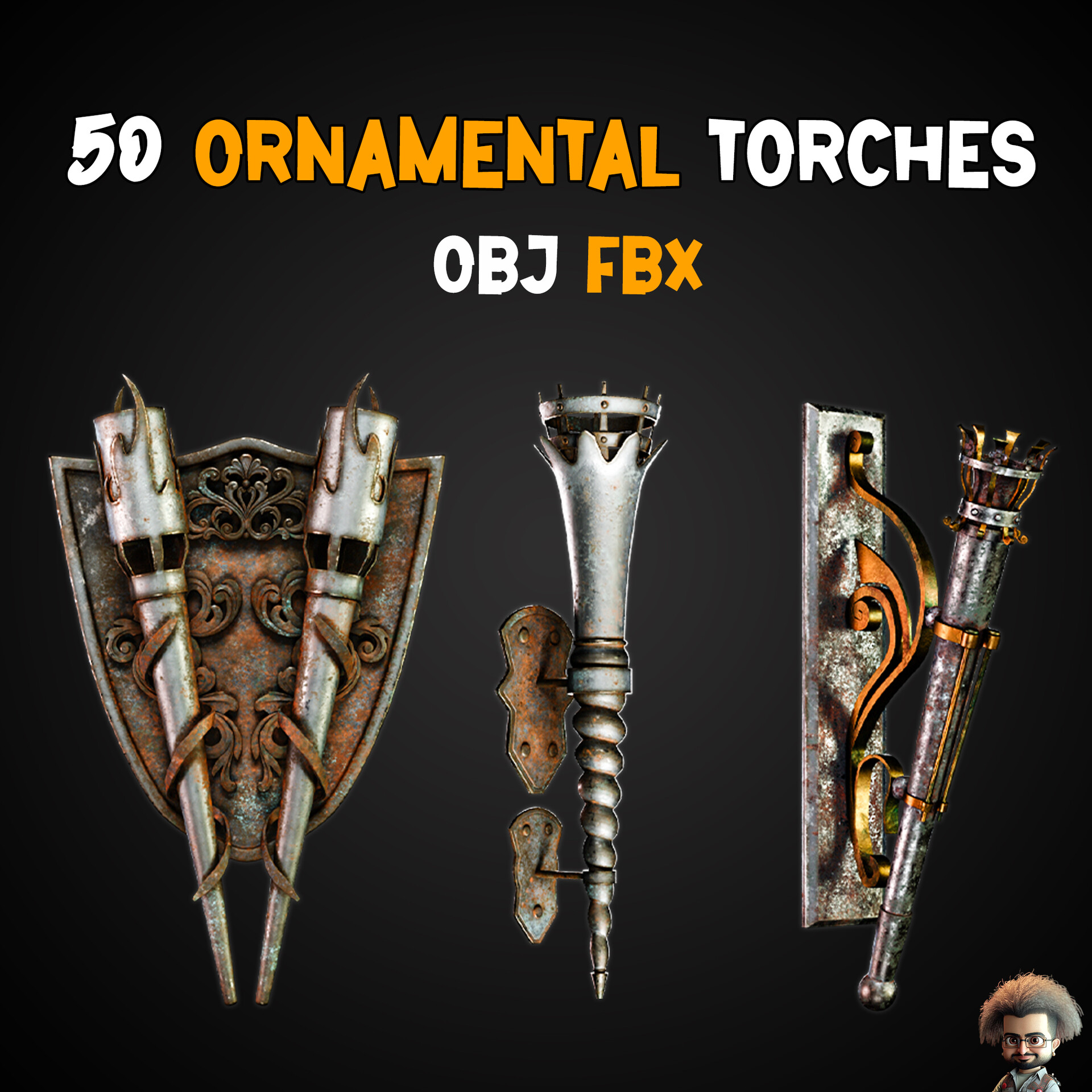 ArtStation - 50 Ornamental Torches Models + Texture