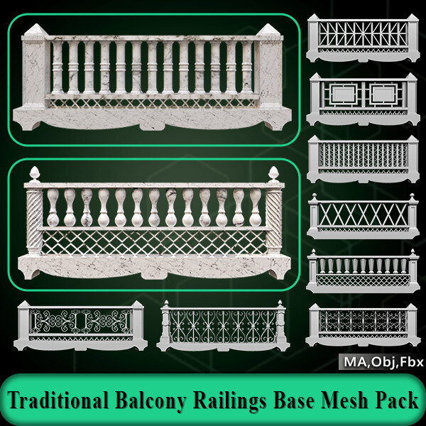 ArtStation - 60 Traditional Balcony Railings Base Mesh pack