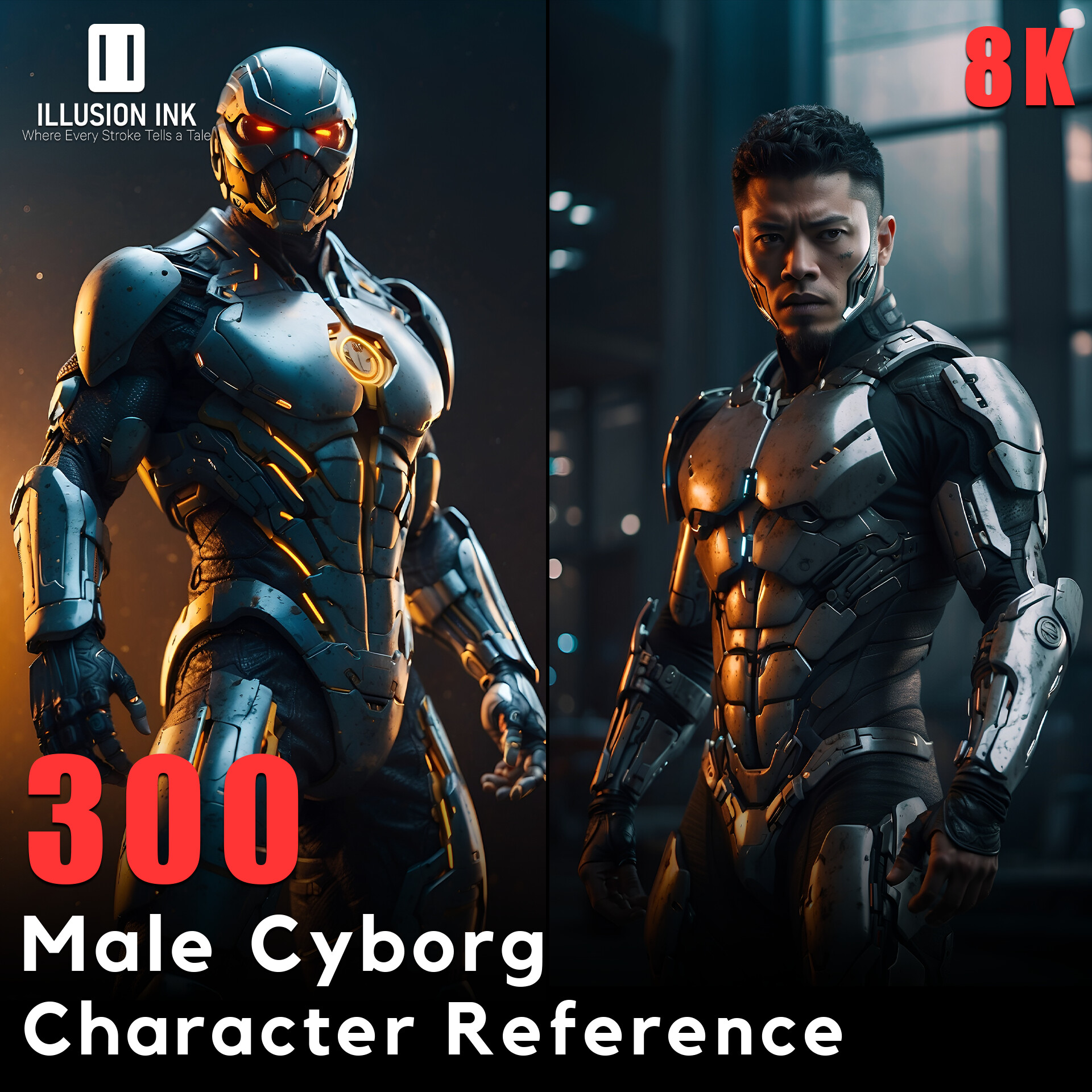 ILLUSION INK - 300 Male Cyborg Character Reference | 8K