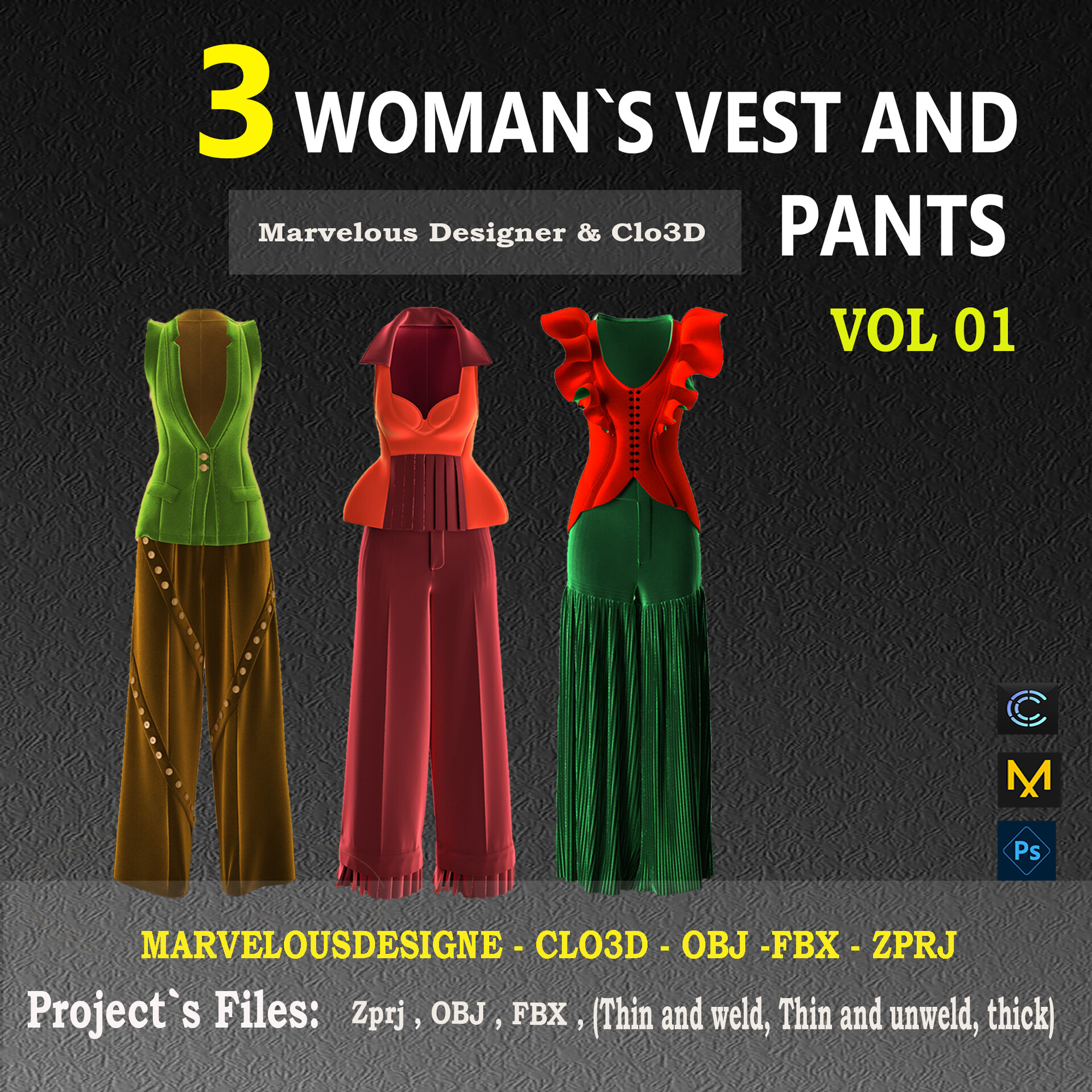ArtStation - 3 Woman`s Vest And Pants Pack (VOL . 01) Designed in Clo3D (zprj, fbx, obj , clo3D)