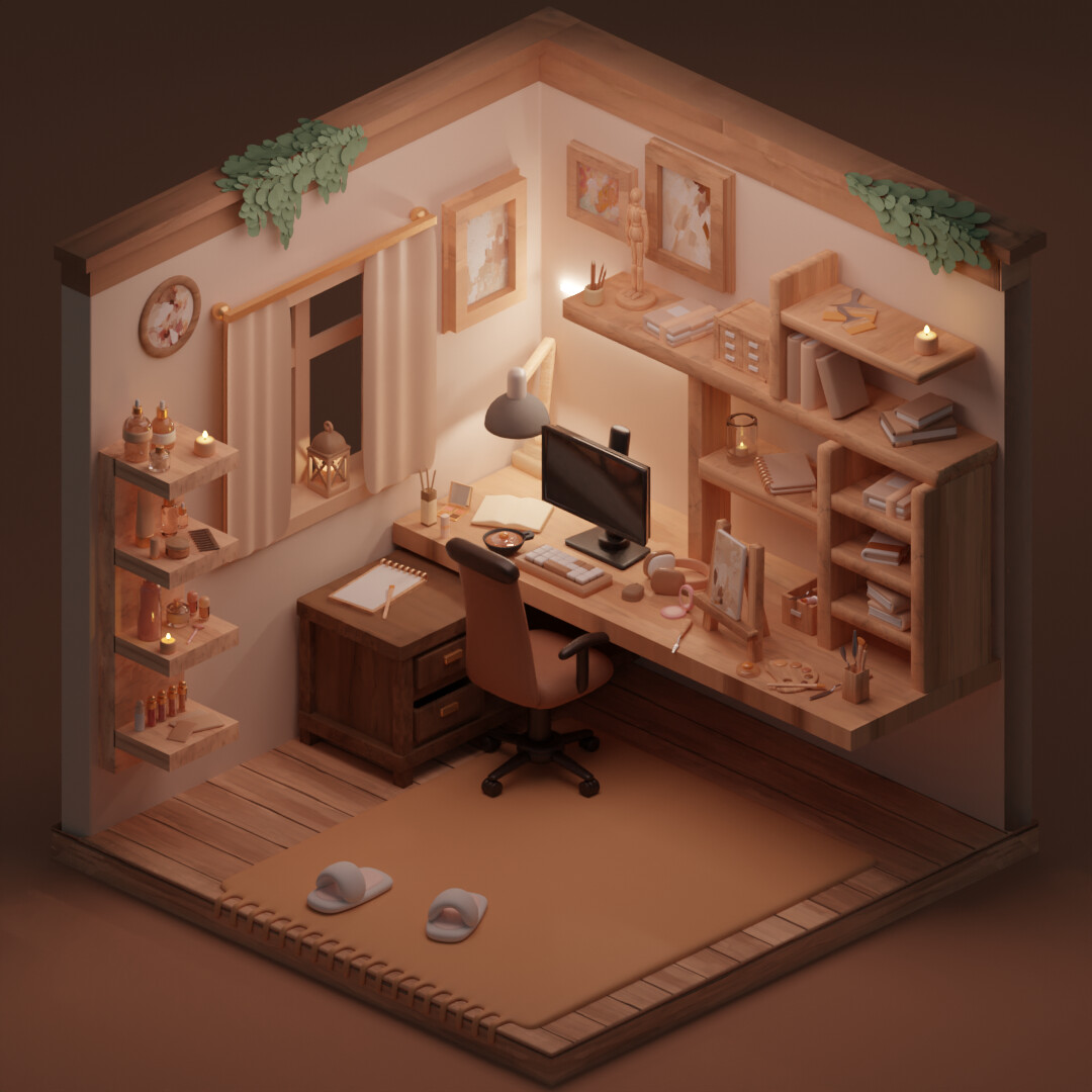 ArtStation - Cozy Isometric Workspace