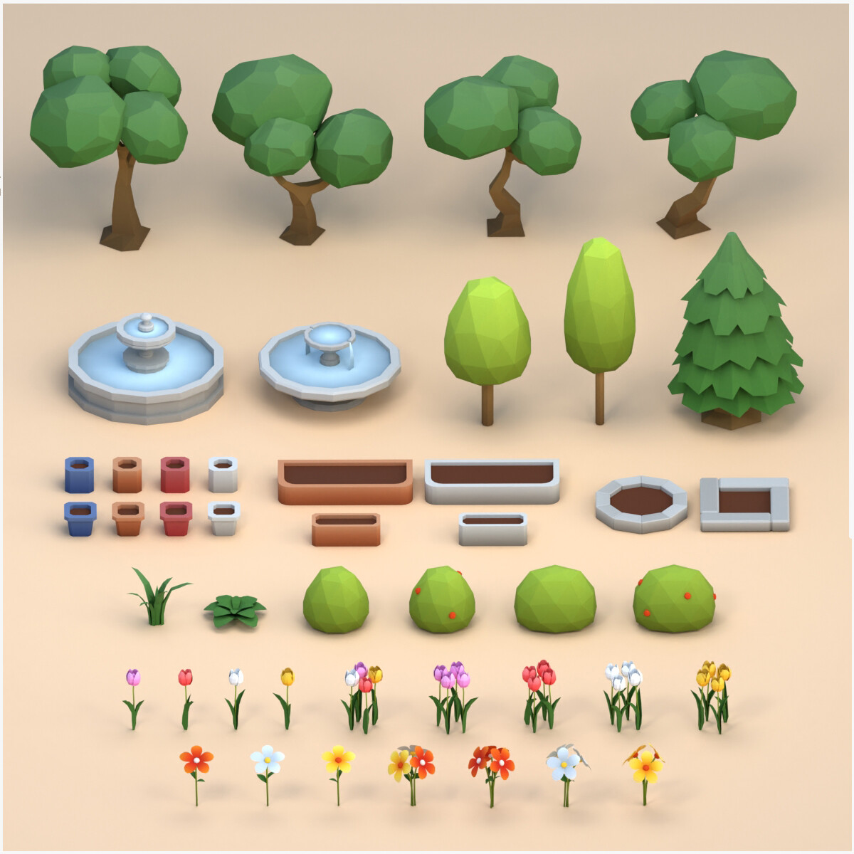ArtStation - Cartoon Low Poly Trees Flowers Pack