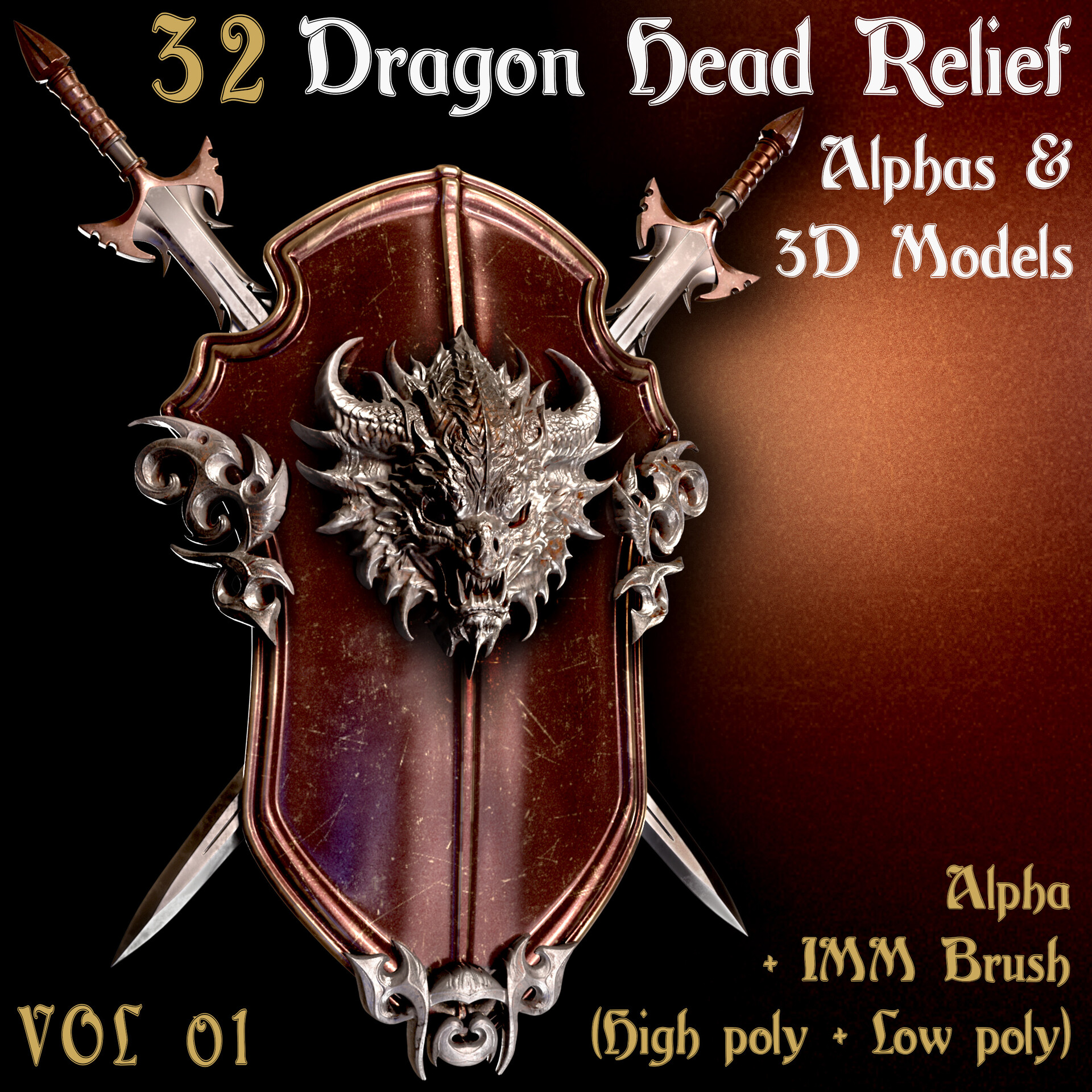 ArtStation - 32 Dragon Head Relief 3D Models & Alphas - Vol1